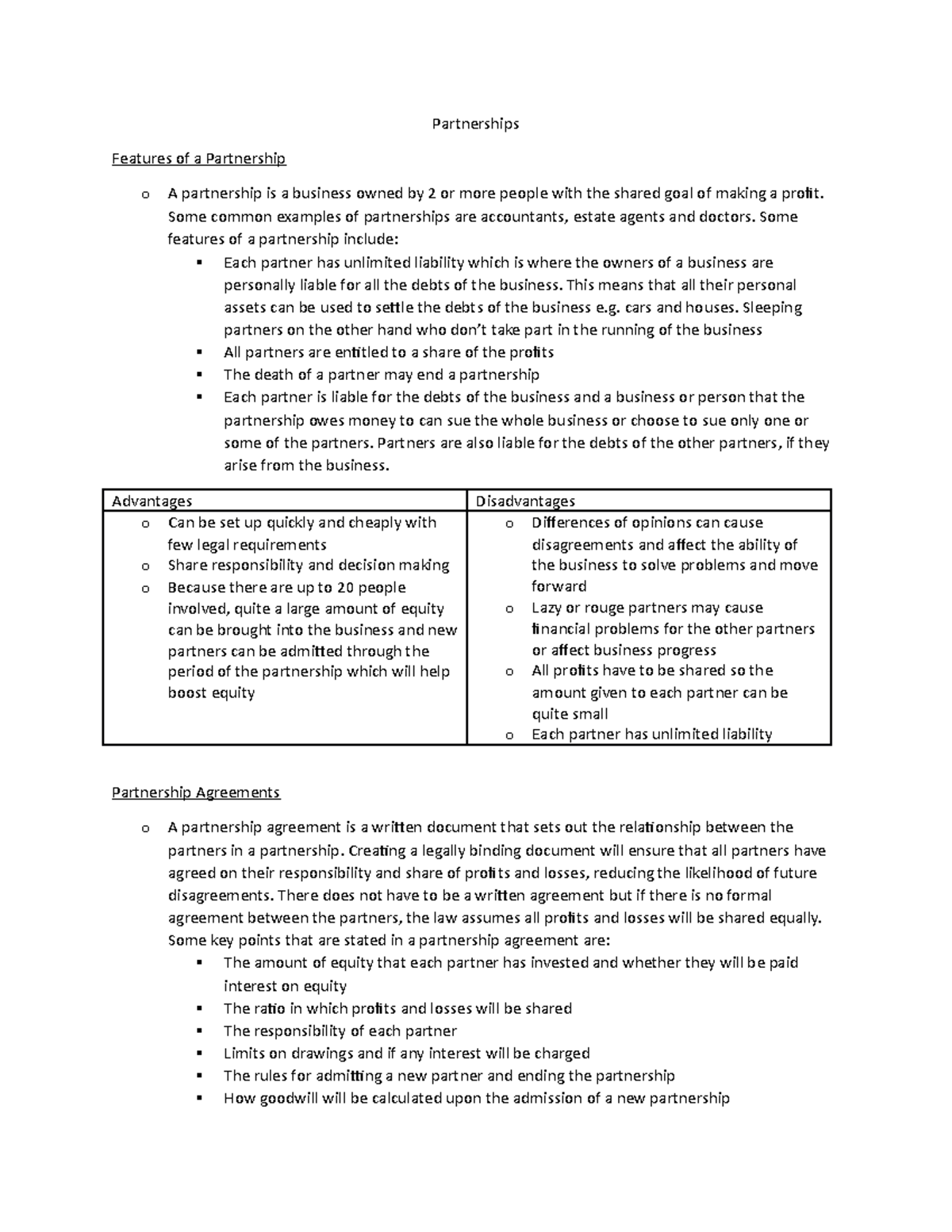 Partnership Course Notes - Partnerships Features of a Partnership o A ...