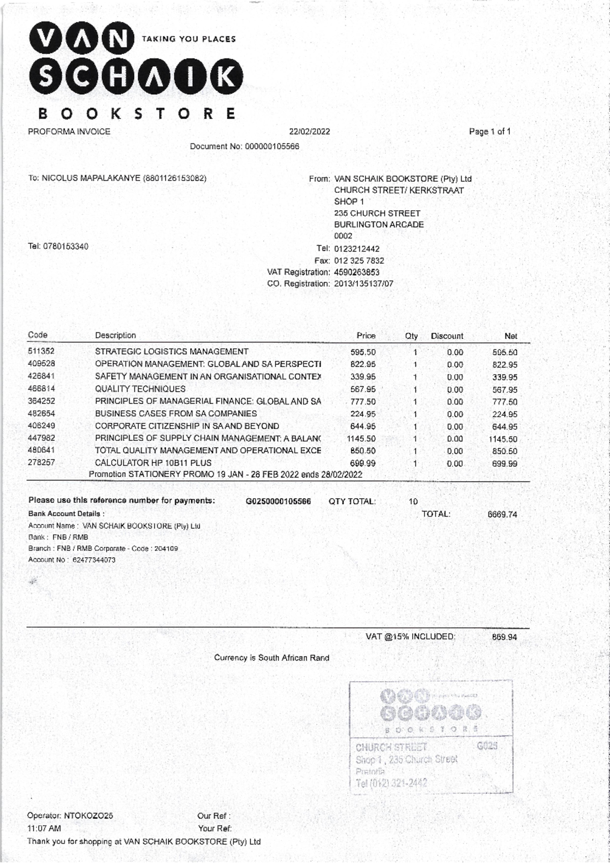 Van Schaik Quatation - none - VAN TAKING YOU PLACES SCHOOK BOOKSTORE PROFORMA INVOICE Page 1 of ...