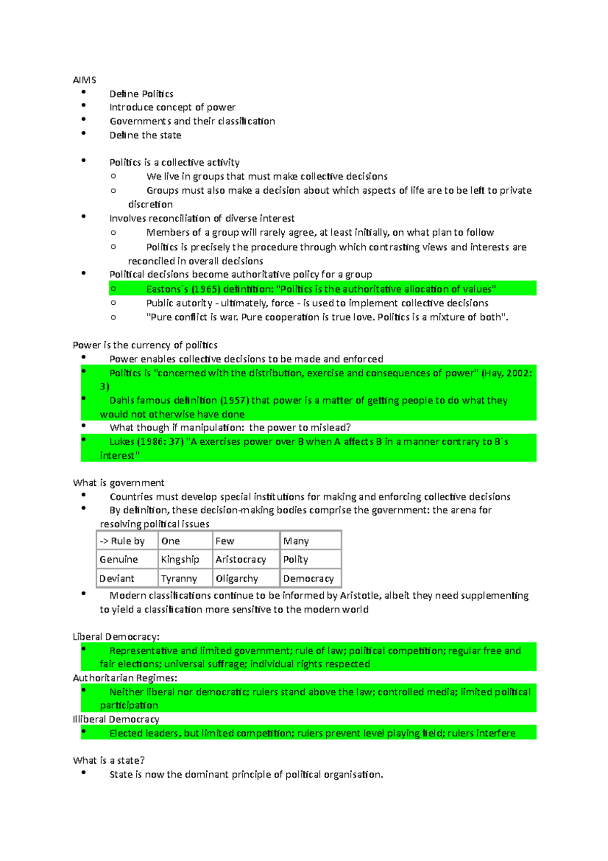 Politcs intro - Lecture notes 1 - AIMS Define Politics Introduce ...