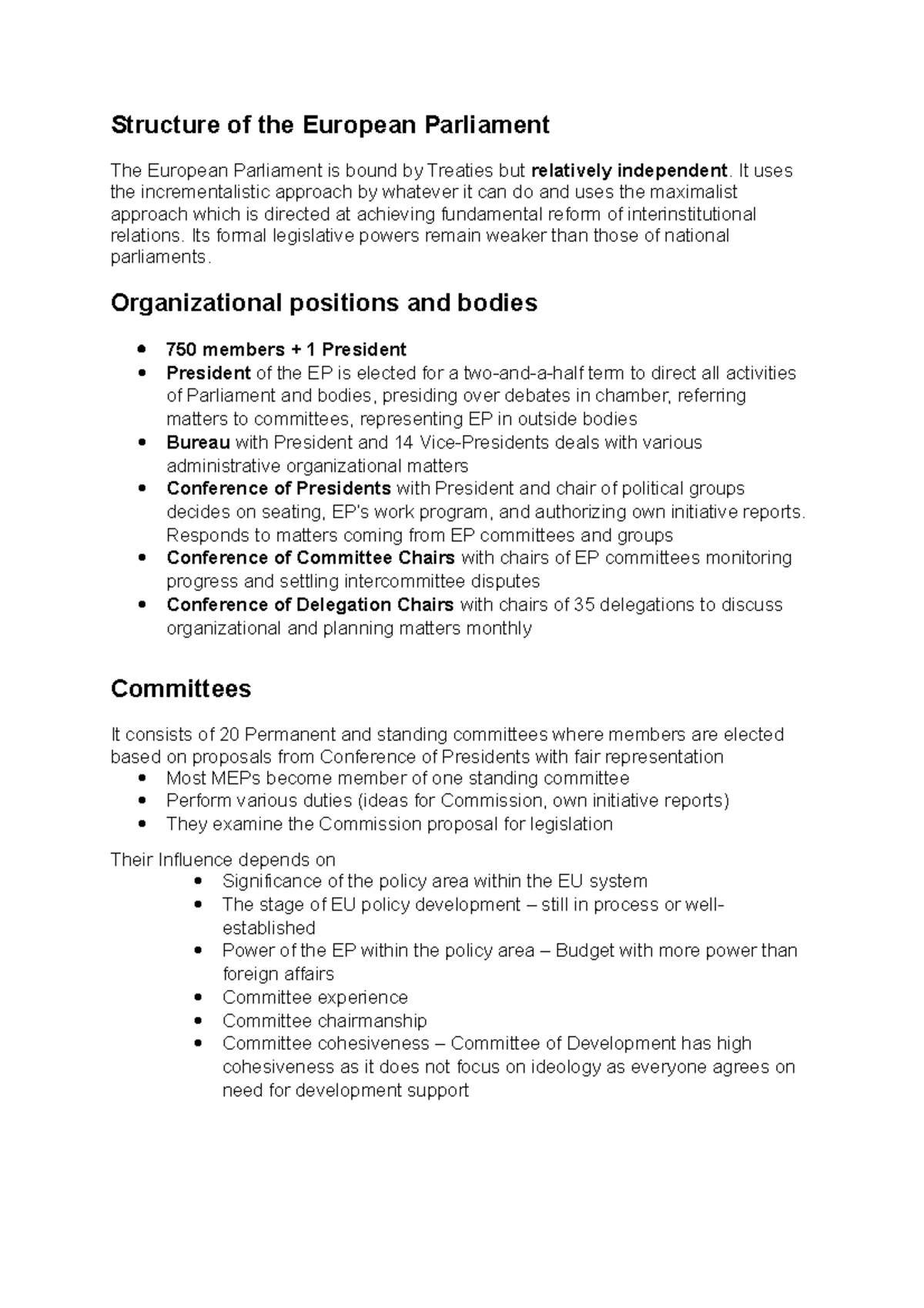 Summary of the European Parliament - Structure of the European ...