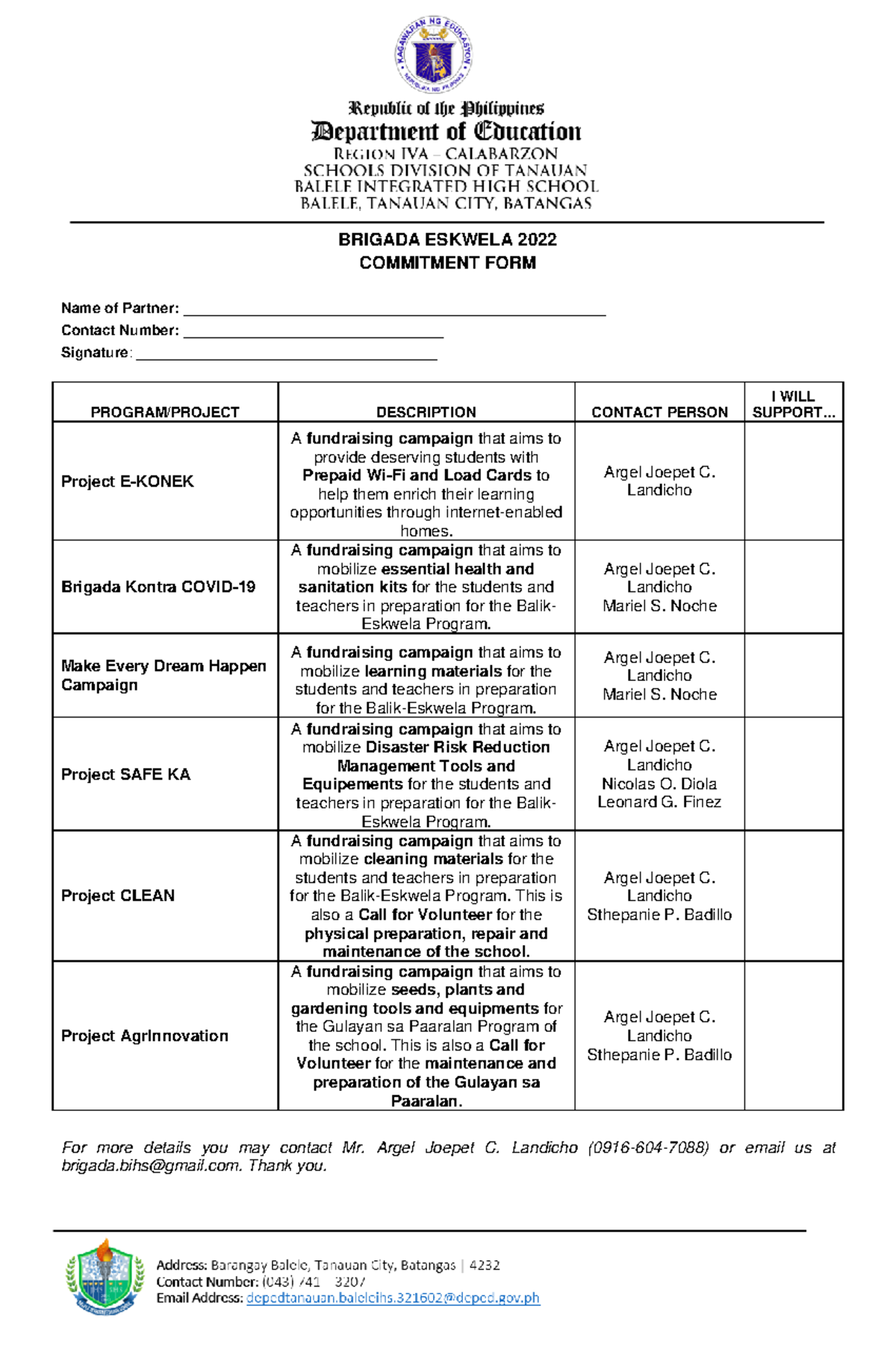 BE2022 Commitment-Form - BRIGADA ESKWELA 2022 COMMITMENT FORM Name of ...