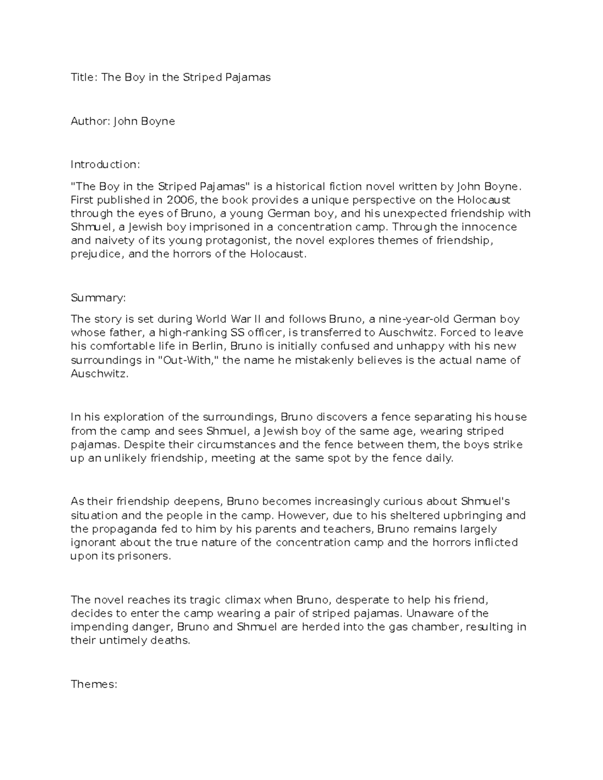 The Boy in the Stripped Pyjamas Book Report - Title: The Boy in the ...