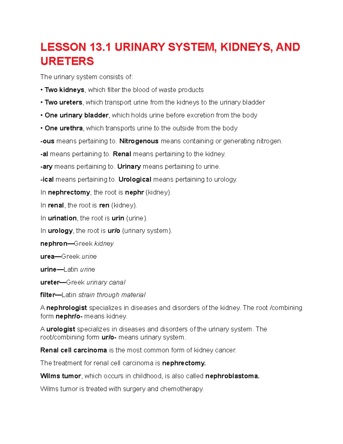 Lesson 13.1 Urinary System, Kidneys, AND Ureters - LESSON 13 URINARY ...