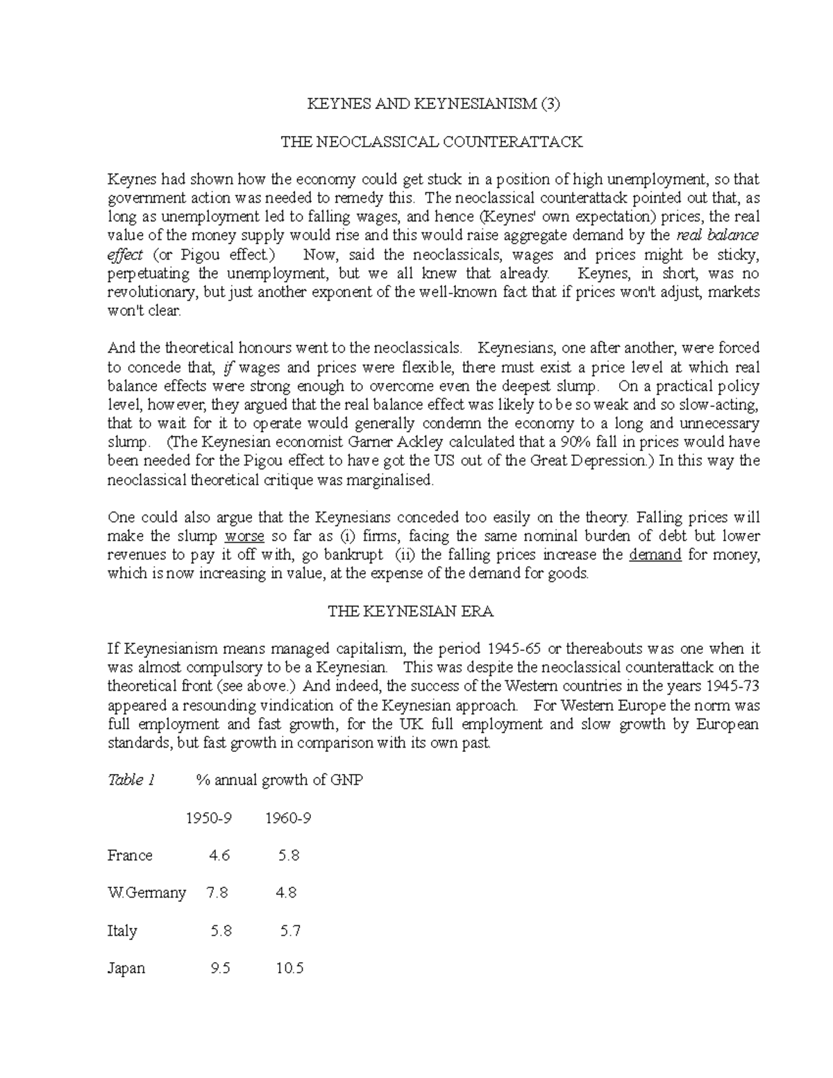 Handout 15 - Lecture notes 15 - KEYNES AND KEYNESIANISM (3) THE ...