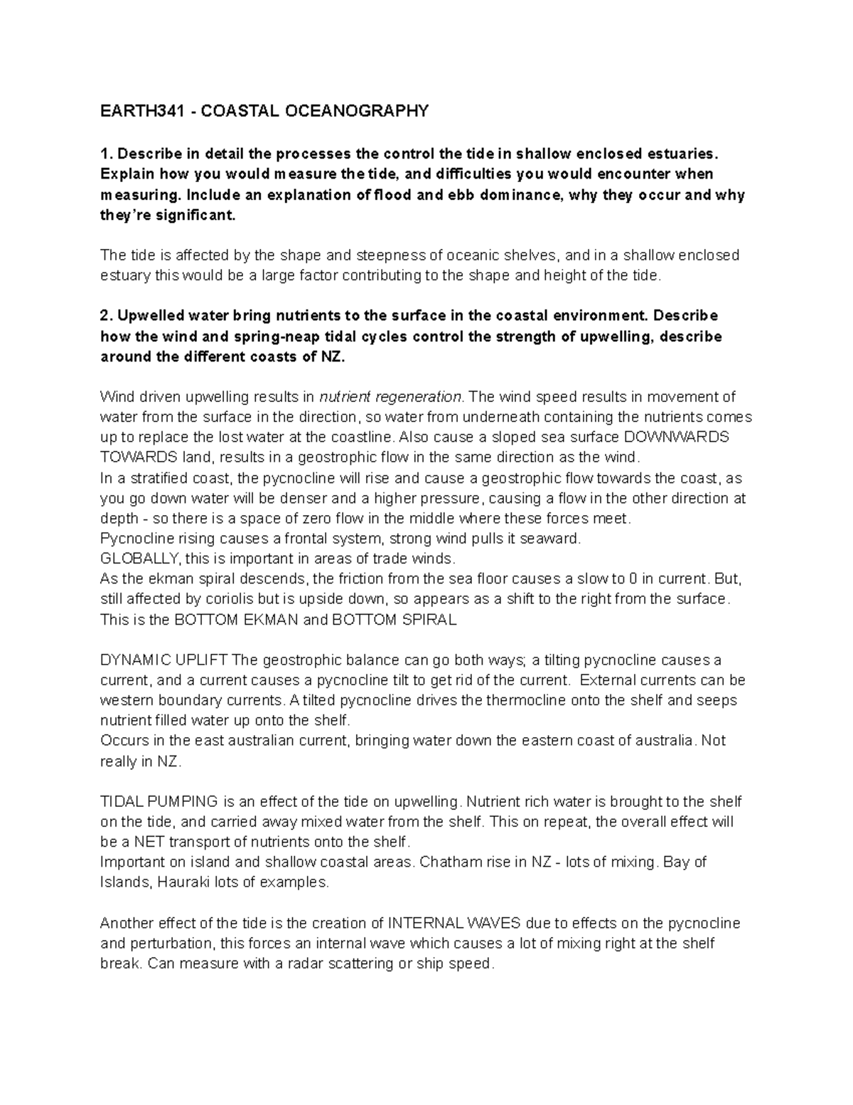 EARTH341 - Coastal Oceanography Question practice. - EARTH341 - COASTAL ...