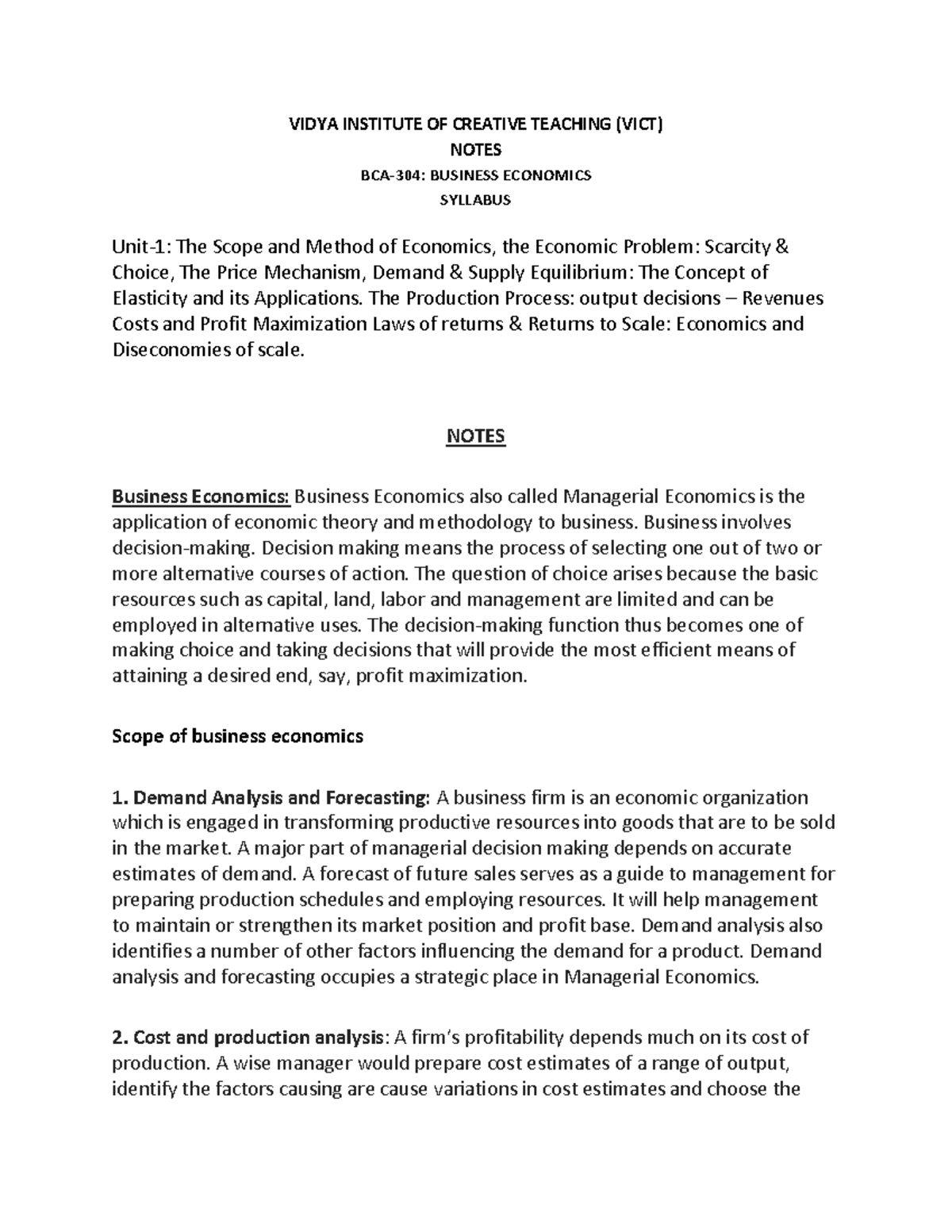 Business Economics Unit 1 Notes - VIDYA INSTITUTE OF CREATIVE TEACHING ...
