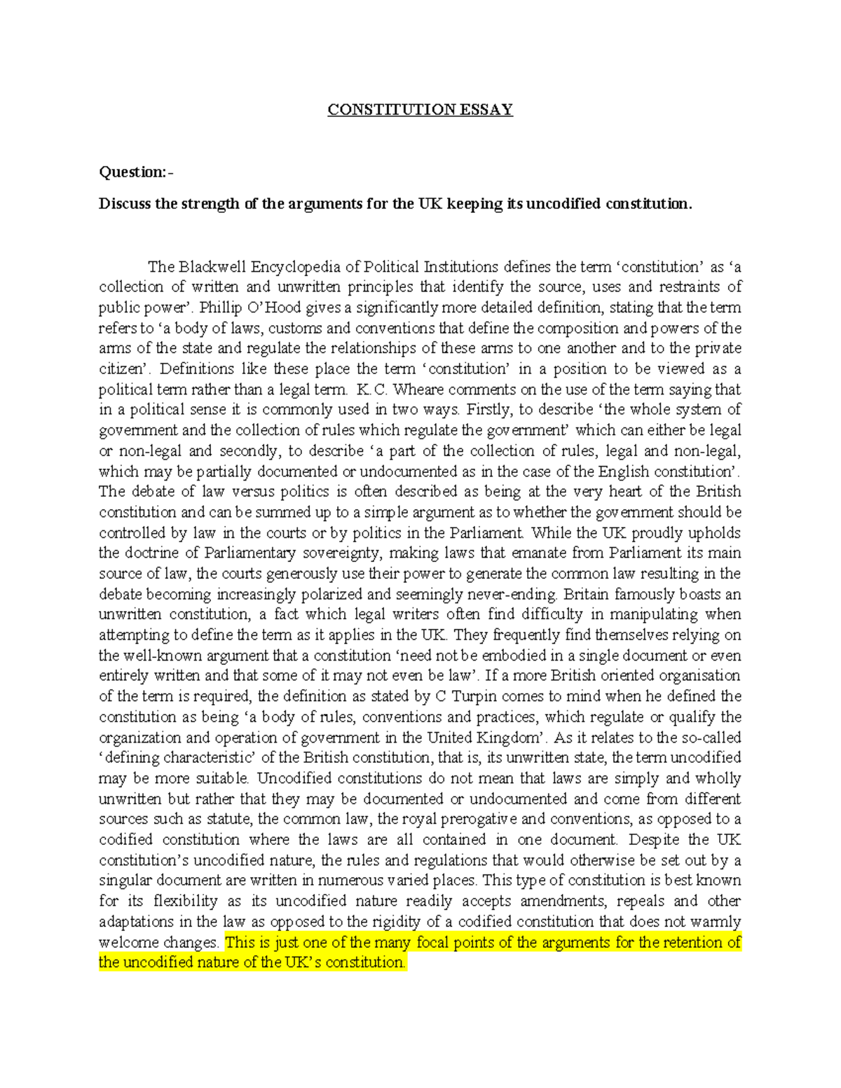 Constitution Essay - CONSTITUTION ESSAY Question:- Discuss the strength ...