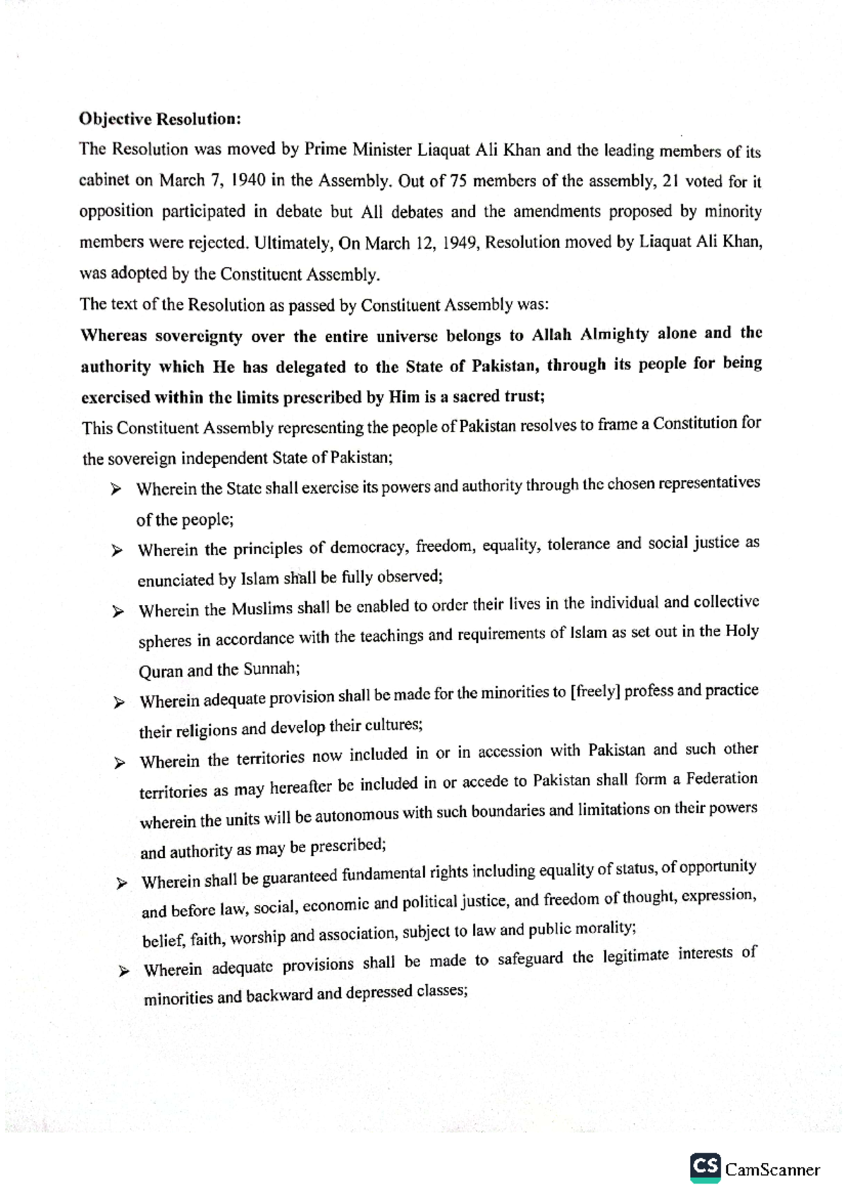 Objectives Resolution 1949 - Pakistan Studies - Studocu