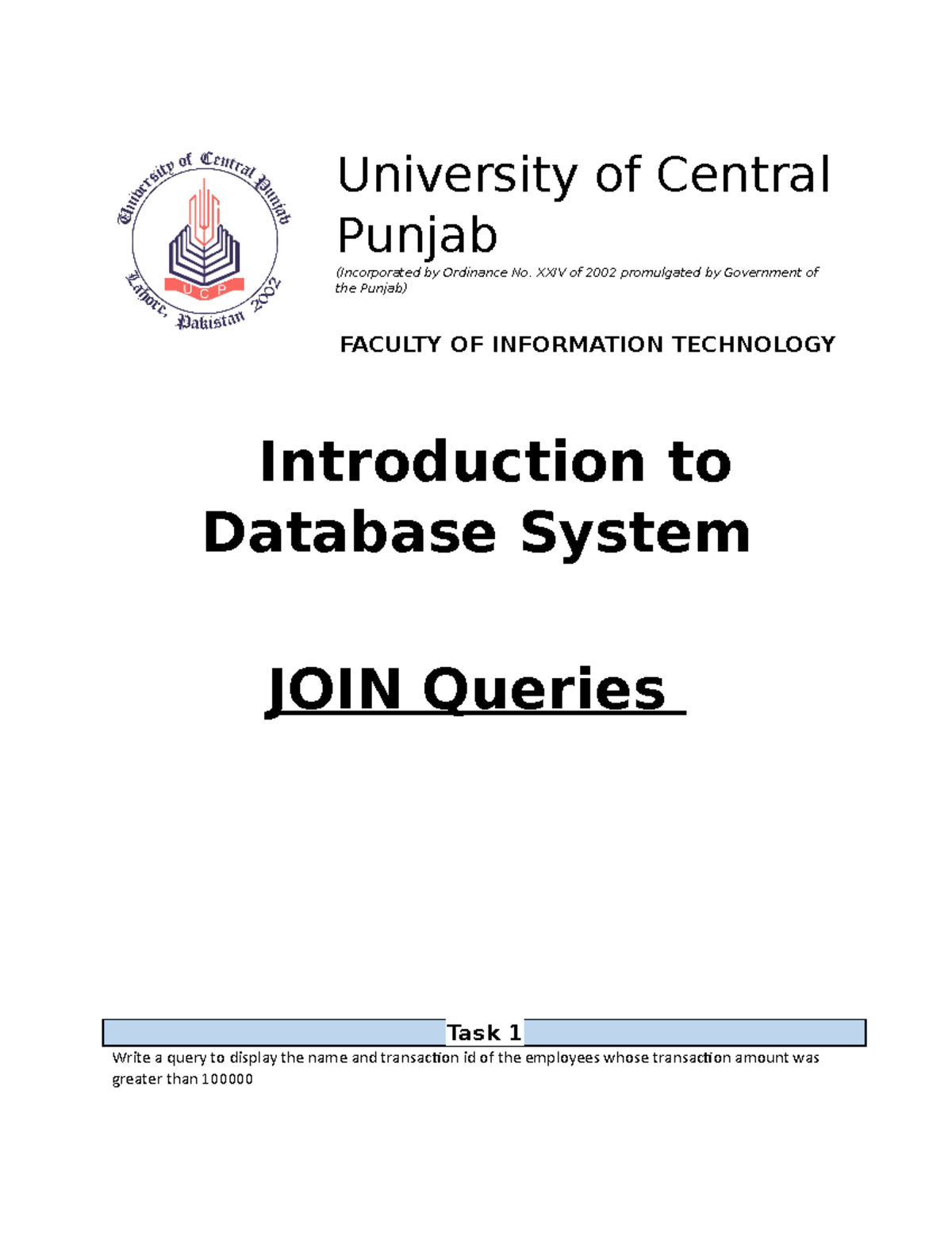 DB Practice Lab 10 Part1 - University of Central Punjab (Incorporated by Ordinance No. XXIV of ...