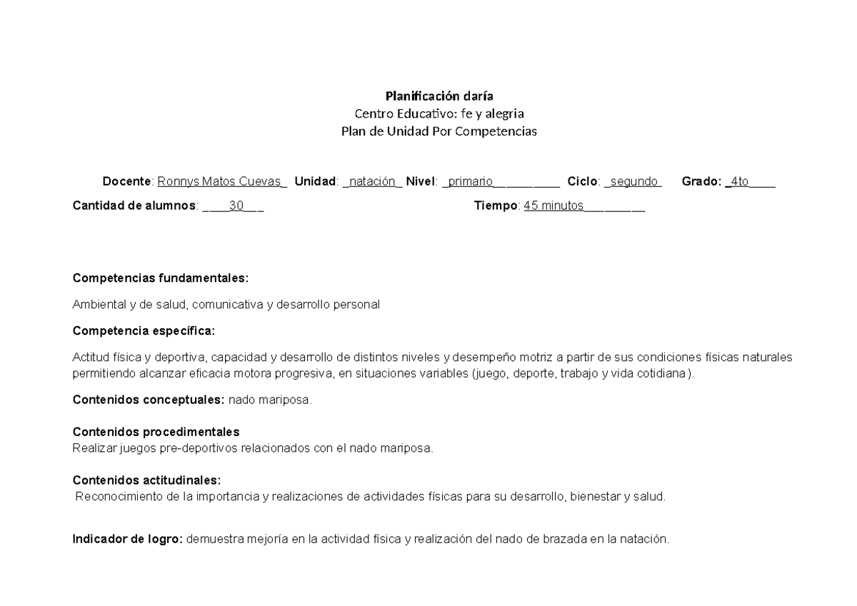 Modelo de plan diario Por Competencias nado de mariposa - Planificación ...