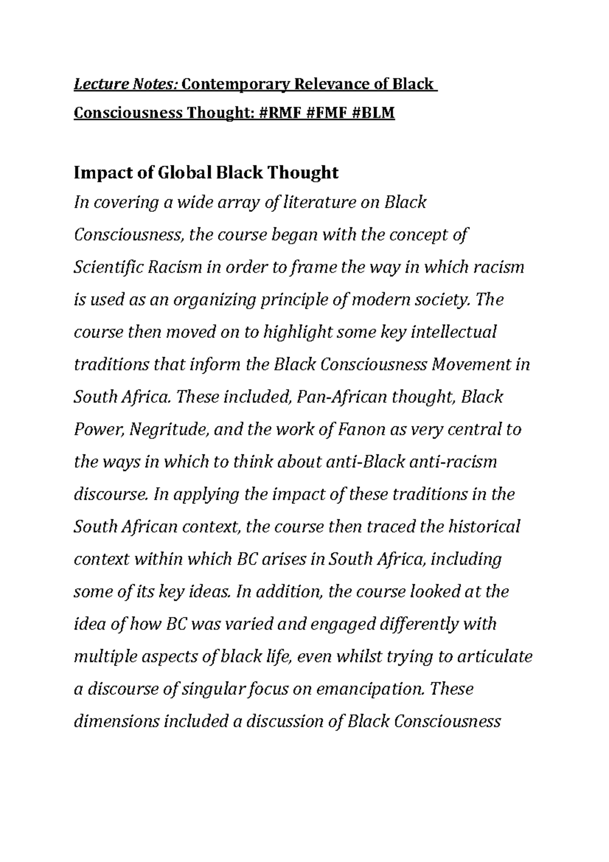 Fallism and BLM - Lecture Notes: Contemporary Relevance of Black ...