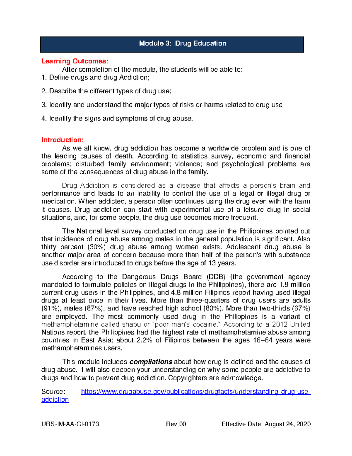 Module 3 Drug Education - Learning Outcomes: After completion of the ...