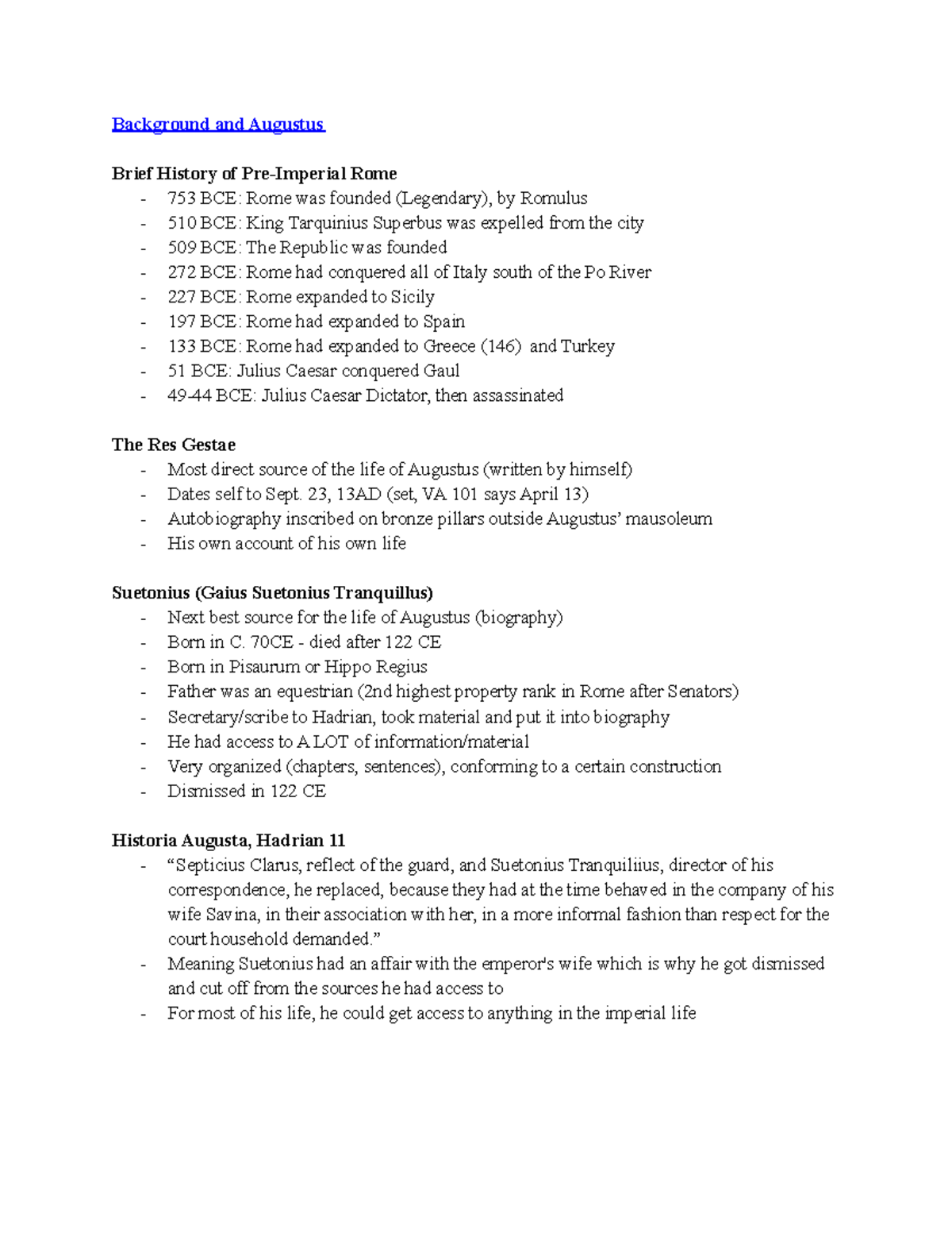 Roman Emperor Notes - Background and Augustus Brief History of Pre ...
