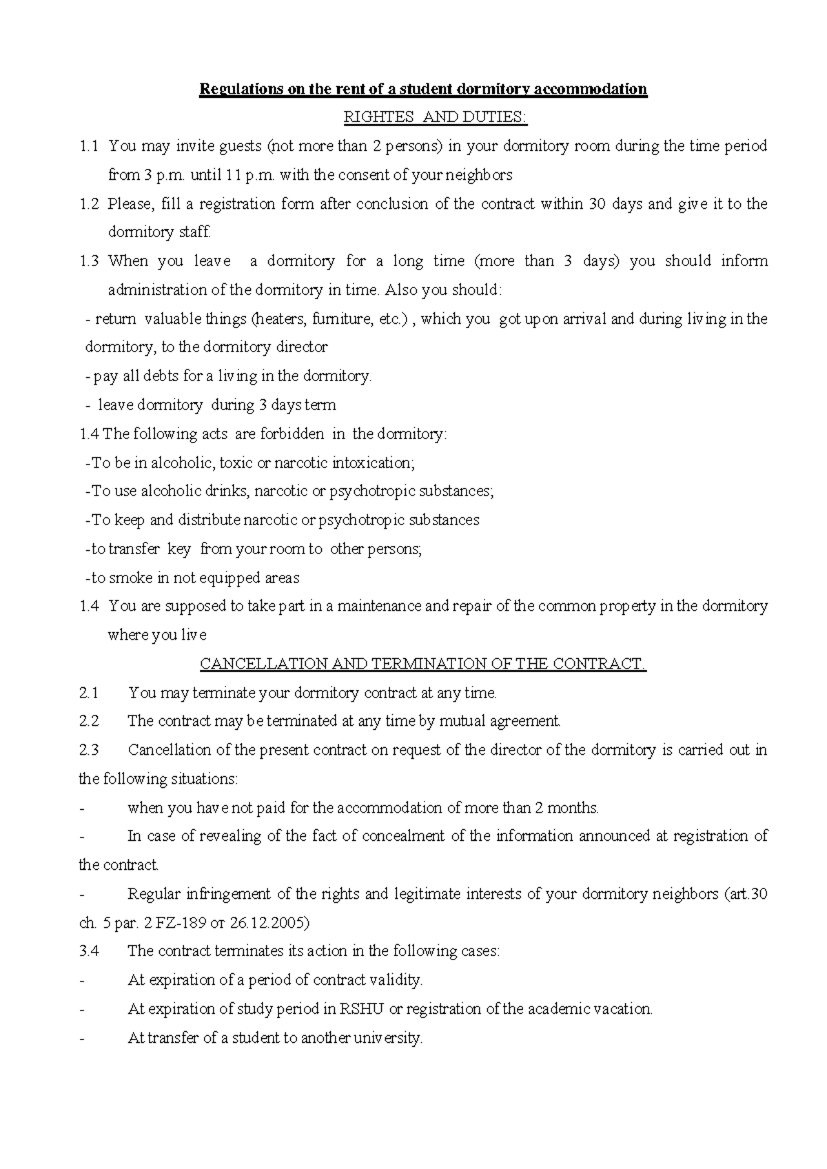 Dormitory regulations - Regulations on the rent of a student dormitory ...
