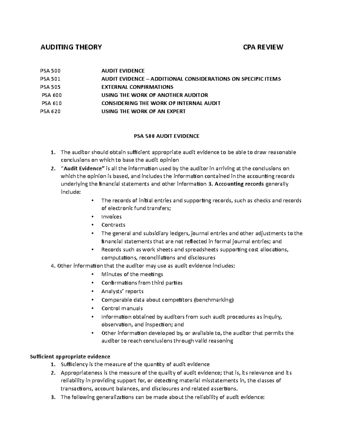 Review Notes on PSA 500 - AUDITING THEORY CPA REVIEW PSA 500 AUDIT ...