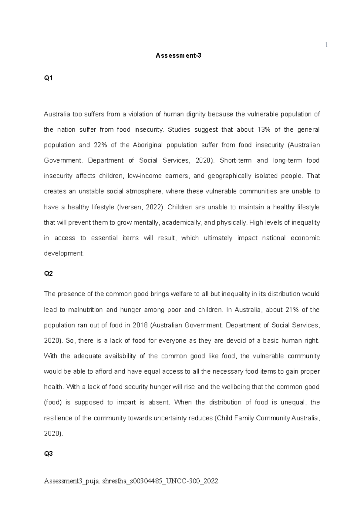 A3 UNCC300 S00304485 - assignment 3 related to sustanable developmental goal - Assessment- Q ...