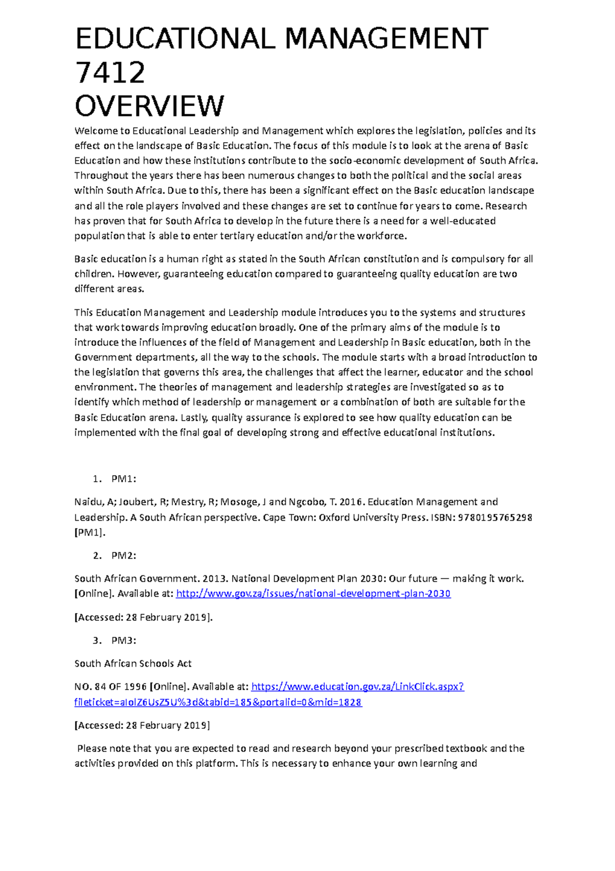 Overview OF EDMA7412(1) - EDUCATIONAL MANAGEMENT 7412 OVERVIEW Welcome to Educational Leadership ...