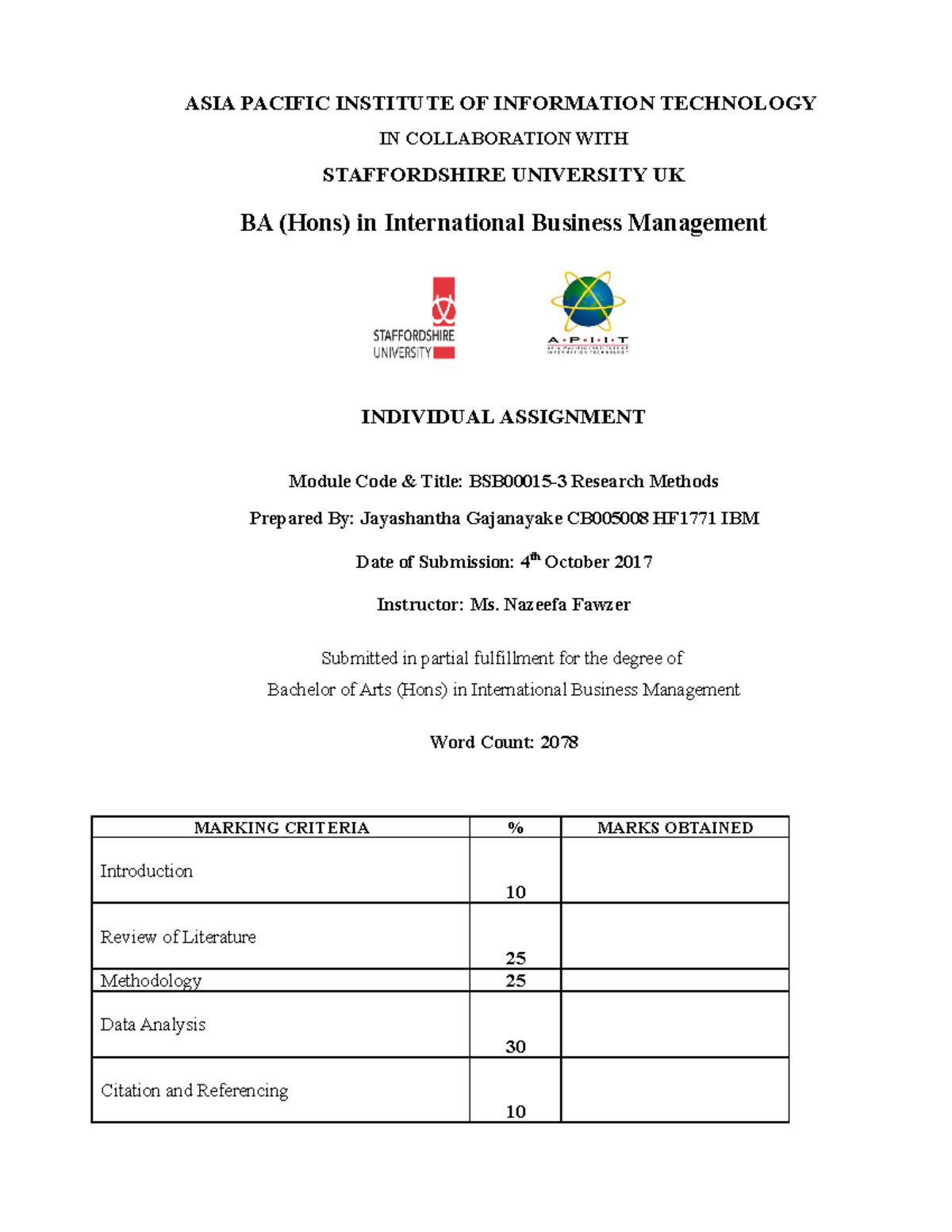 Research project Assessment 03 - ASIA PACIFIC INSTITUTE OF INFORMATION ...