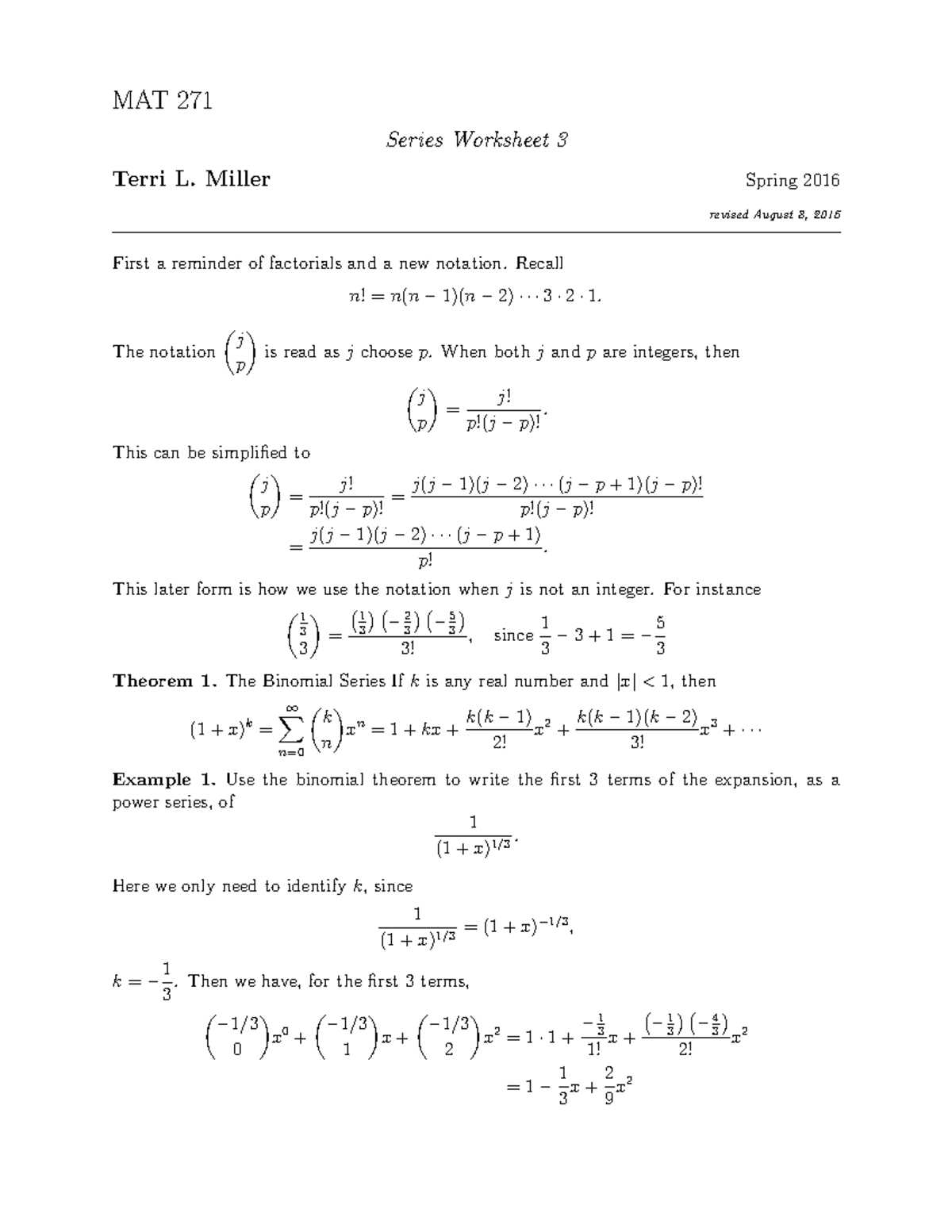 Binomseries - Binomial Series - MAT 271 Series Worksheet 3 Terri L ...