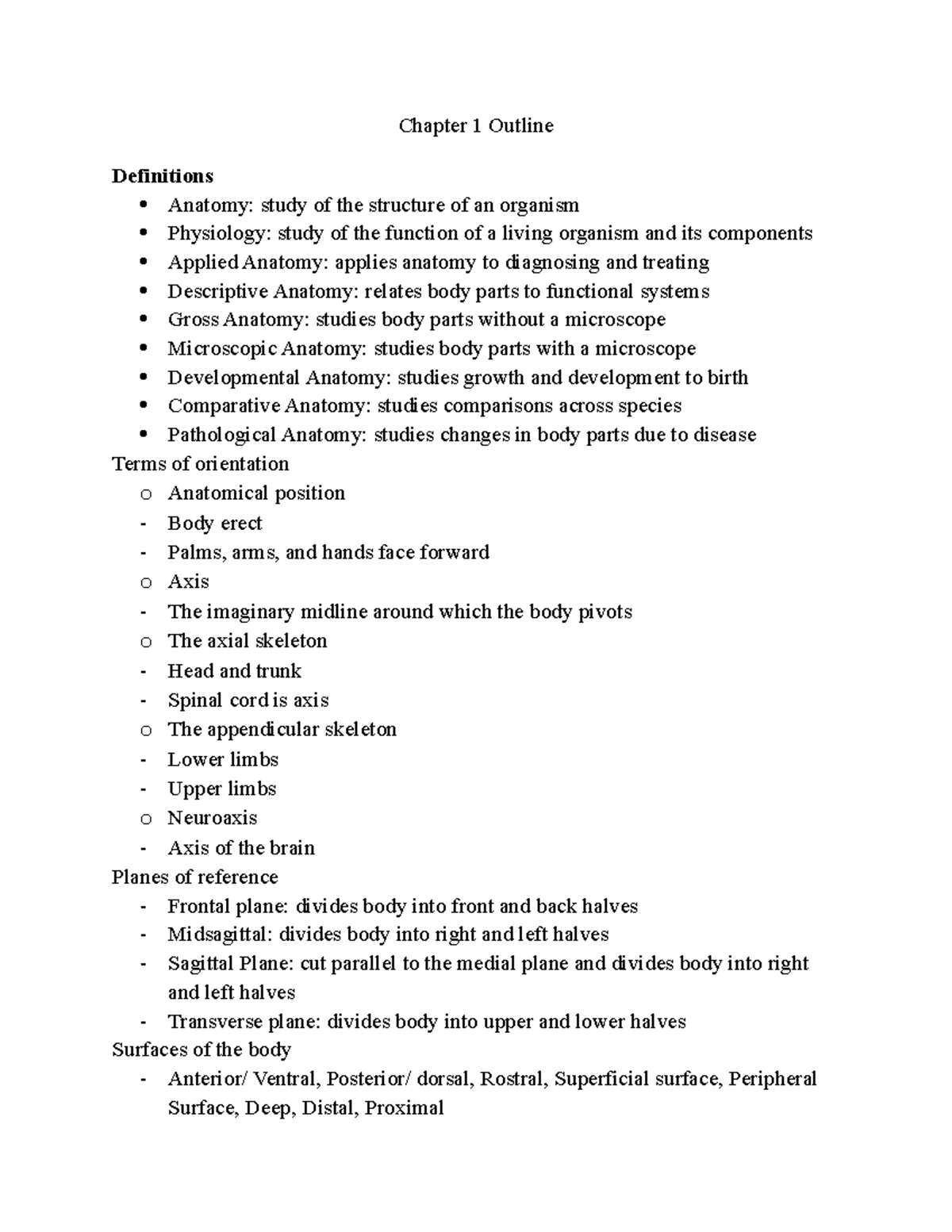 Chapter 1 Outline New - Anatomy notes - Chapter 1 Outline Definitions ...