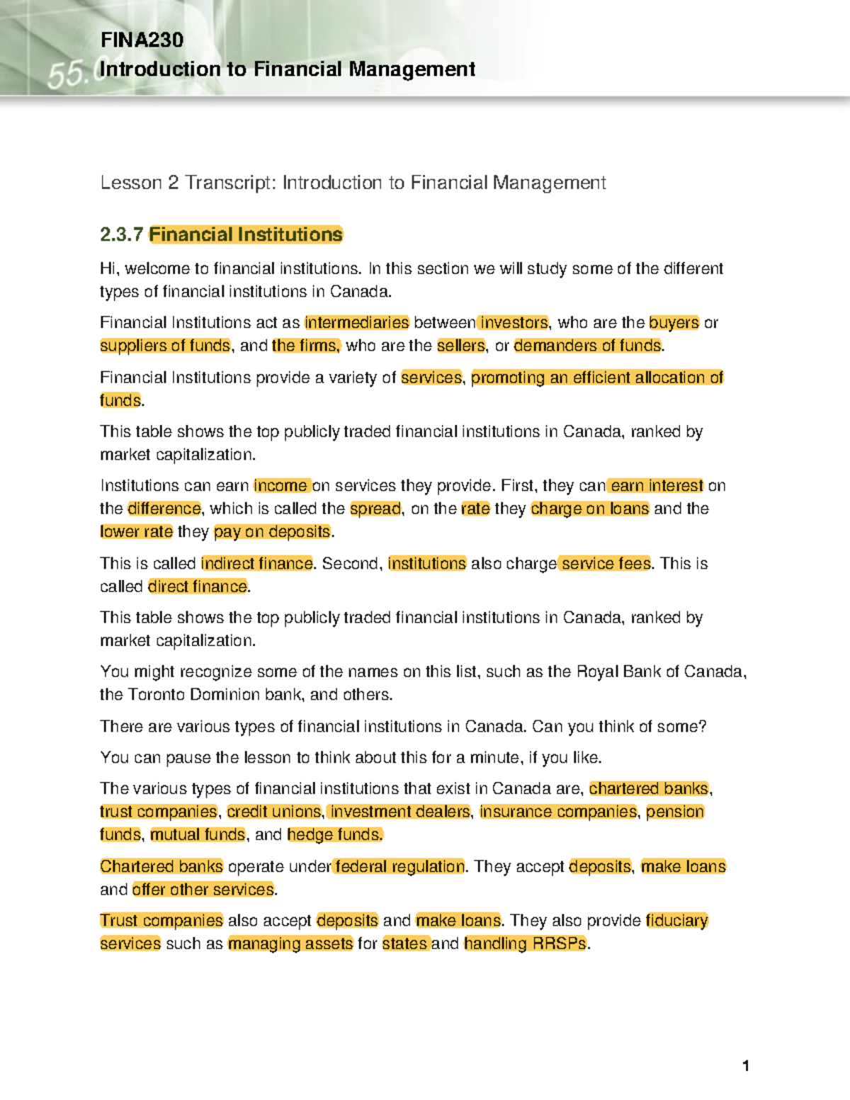 FINA230 Lesson 02 03 07 transcript - FINA Introduction to Financial ...