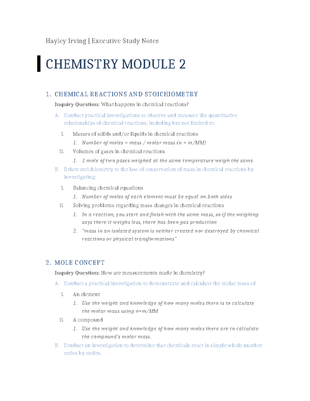 Notes Module 2 Quantitative Chemistry Hayley Irving - Hayley Irving ...