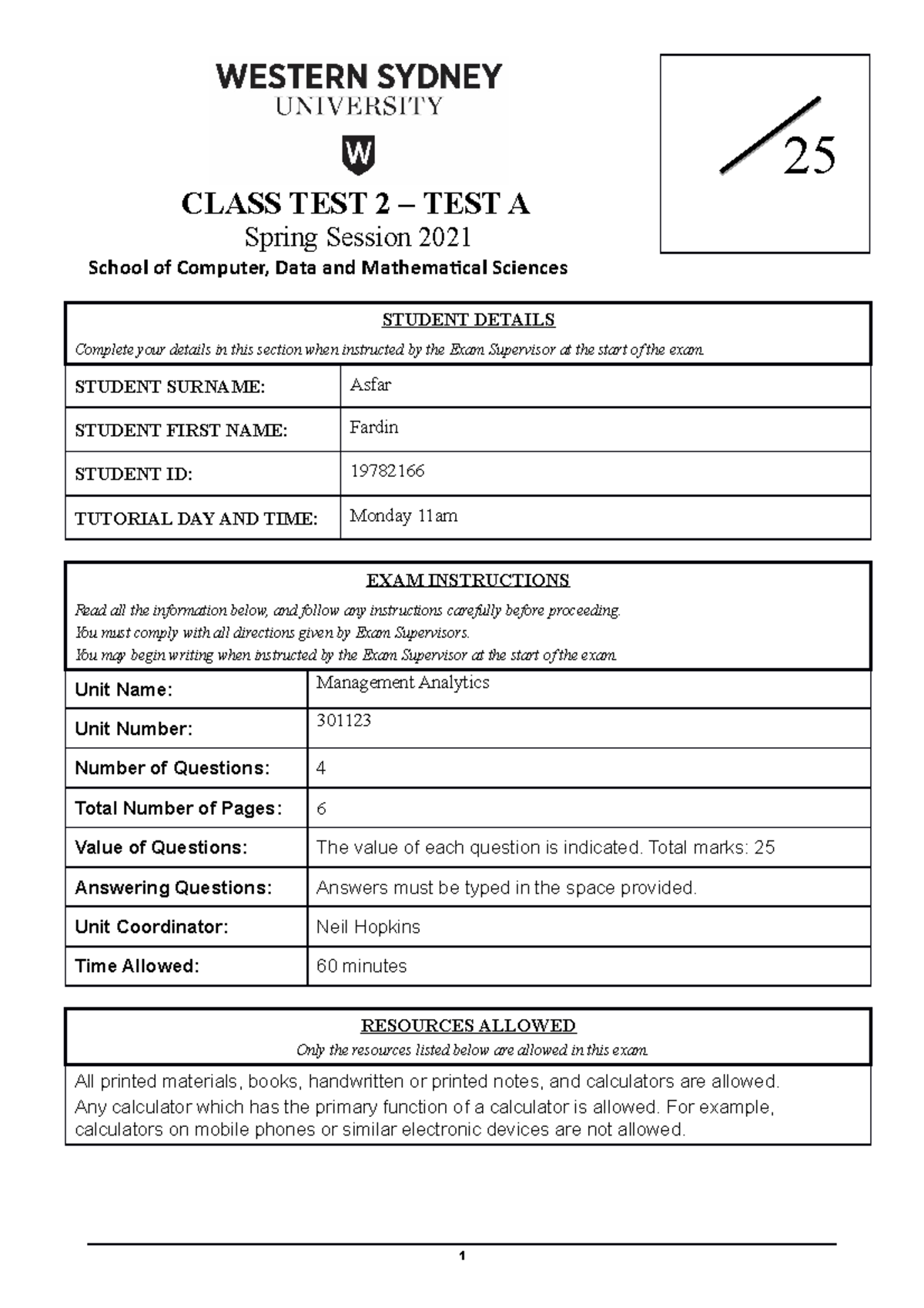 Class Test Number 2 - CLASS TEST 2 – TEST A Spring Session 2021 25 ...