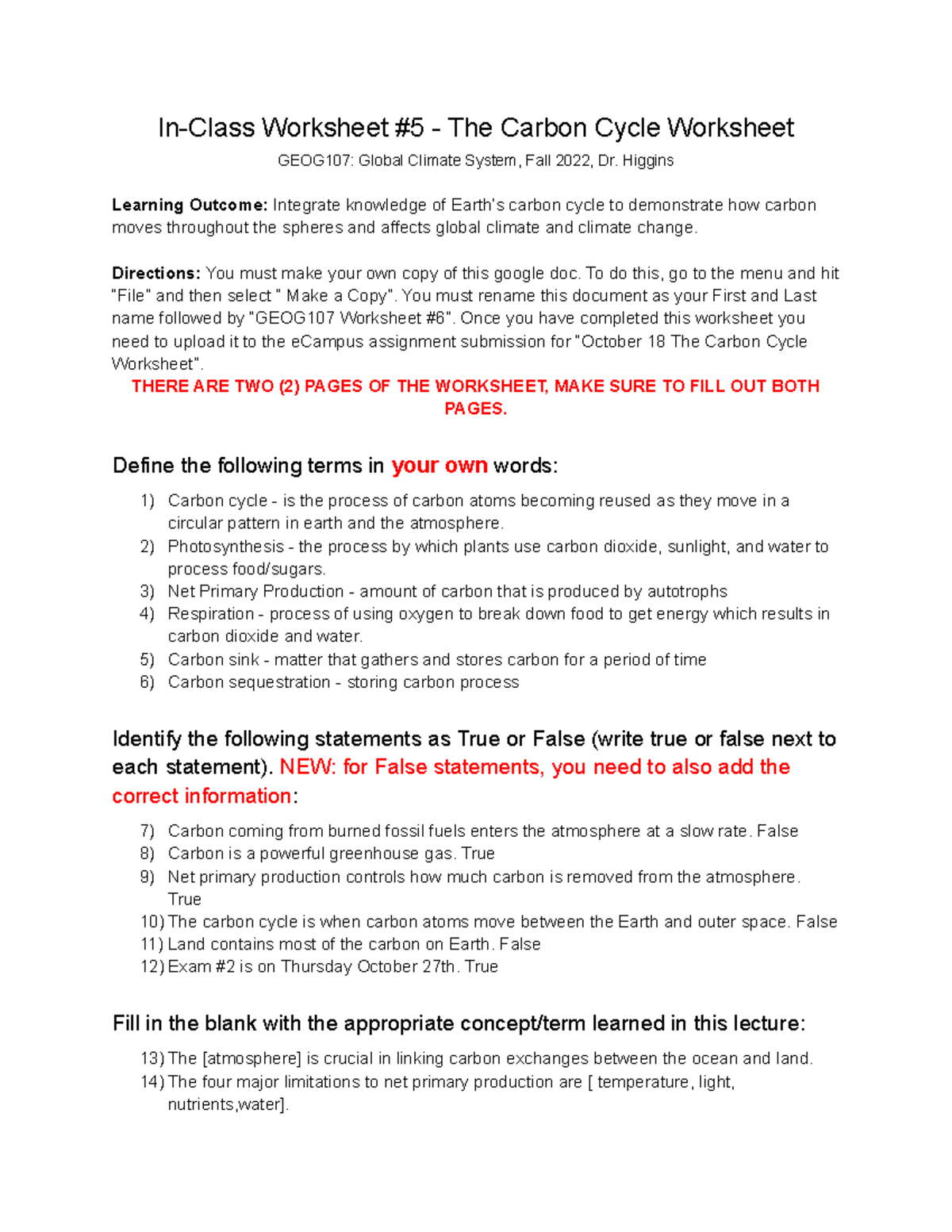 Copy of GEOG107 Worksheet #6 - The Carbon Cycle Worksheet - In-Class ...