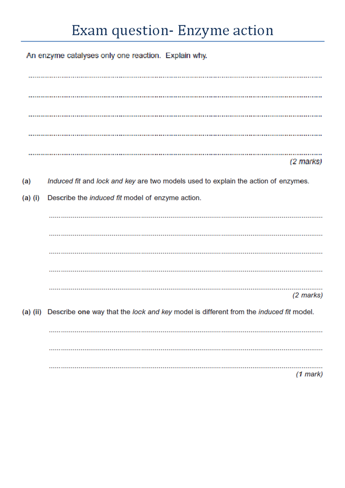 Exam qs 1- enzyme action - Exam question- Enzyme action - Studocu