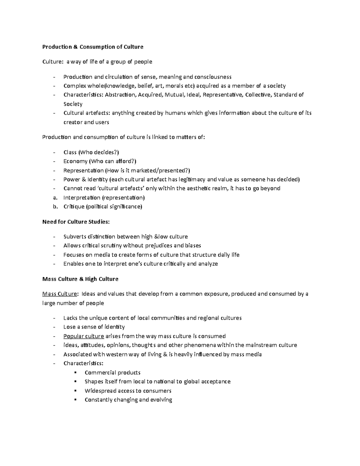 Cultural Studies Compiled notes - Production Consumption of Culture ...