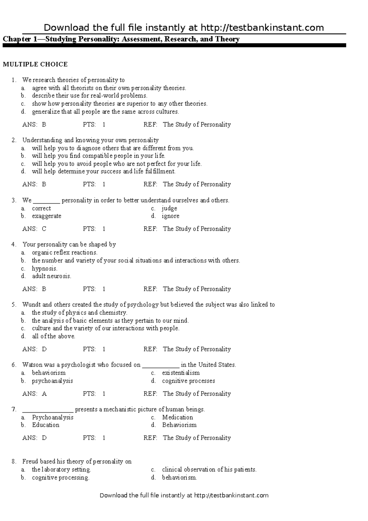 Theories of Personality Test Bank - Chapter 1—Studying Personality ...