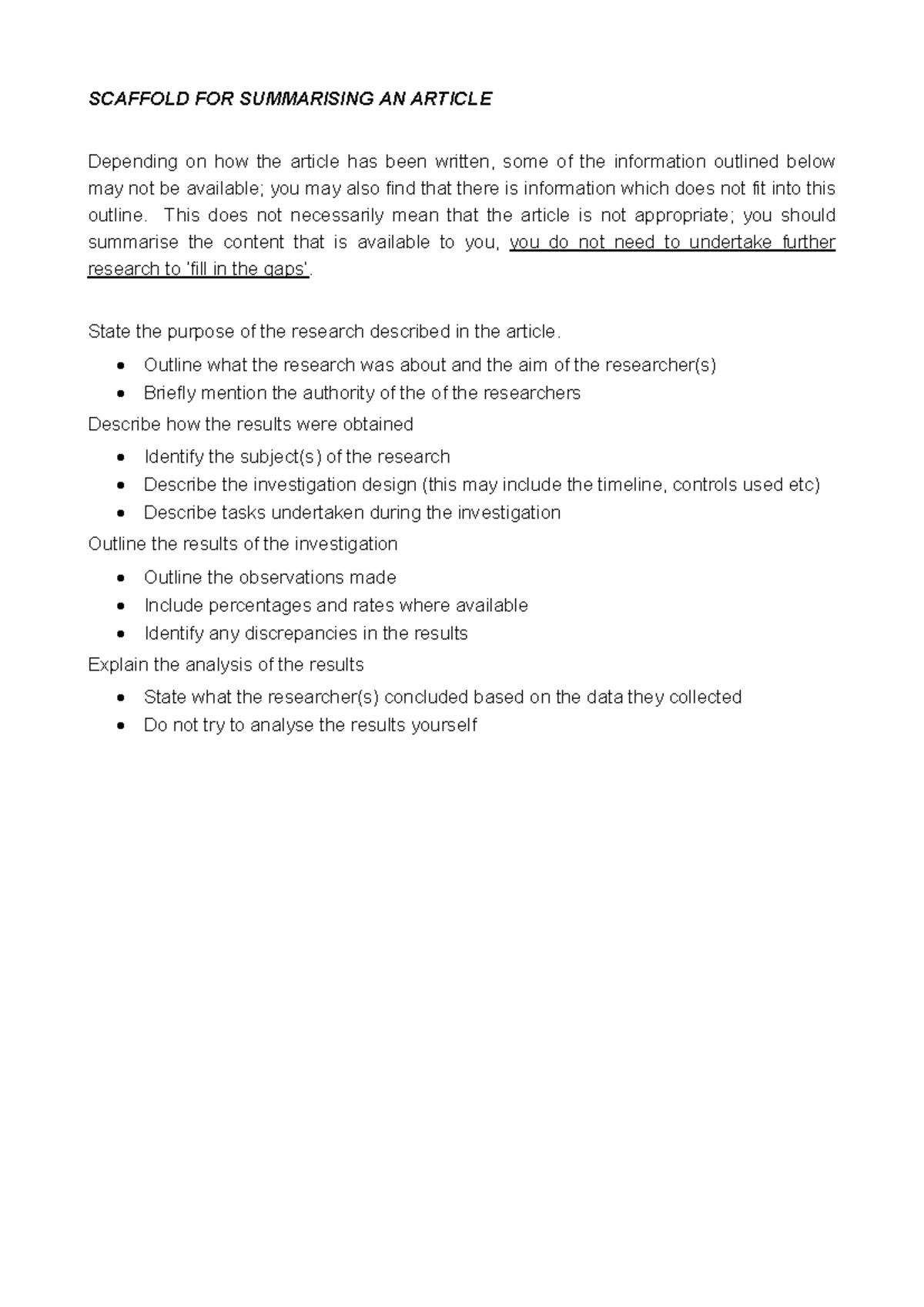 Summarising an article - SCAFFOLD FOR SUMMARISING AN ARTICLE Depending ...