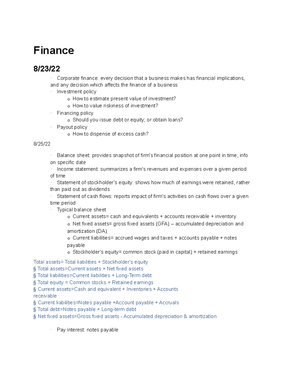 Finance Notes 1 - Describes in detail what the basic financial aspects ...