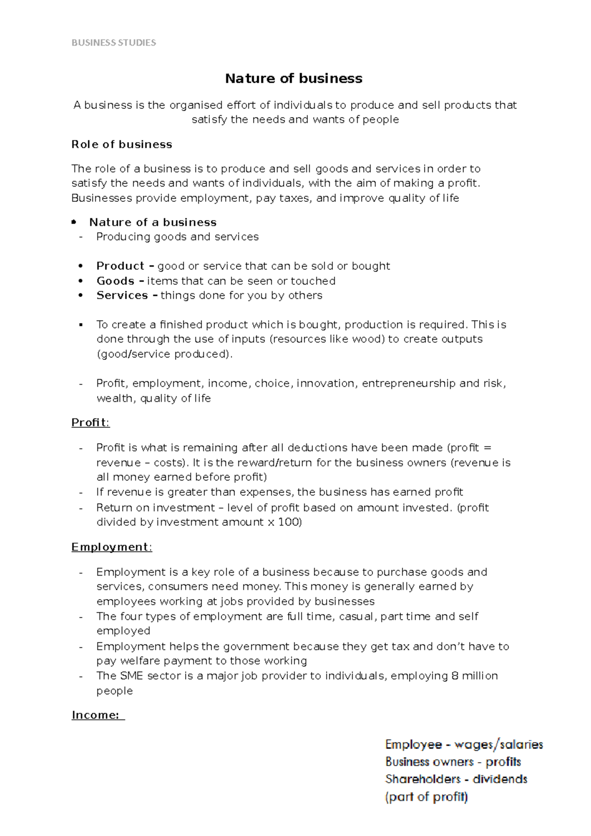 Preliminary Business notes - Nature of business A business is the ...