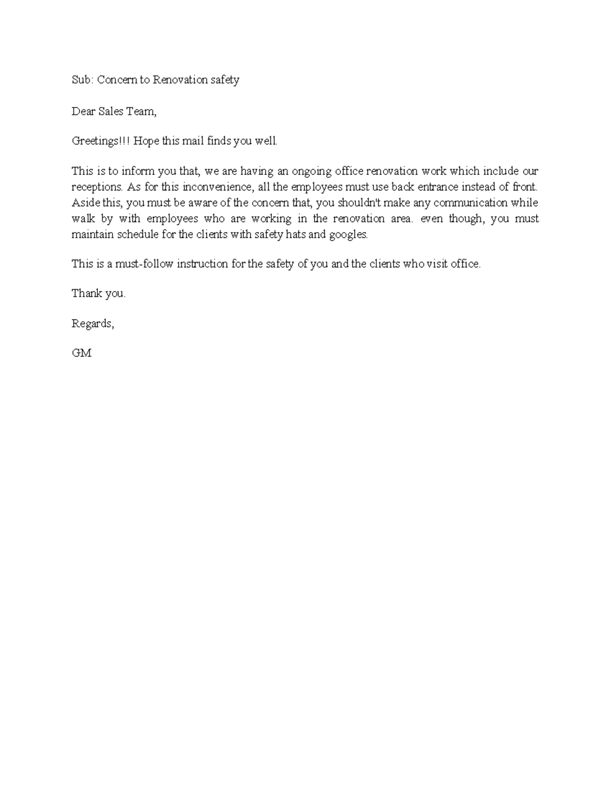 Email (Class Work) - Sub: Concern to Renovation safety Dear Sales Team ...