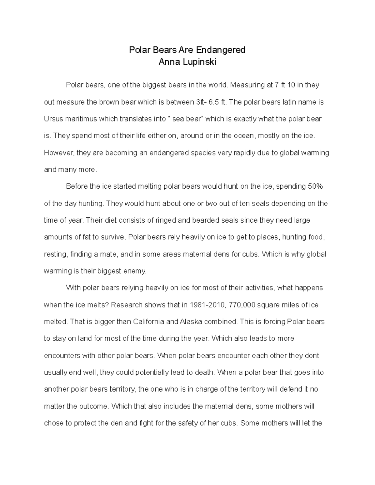 Research paper - Polar Bears Are Endangered Anna Lupinski Polar bears ...