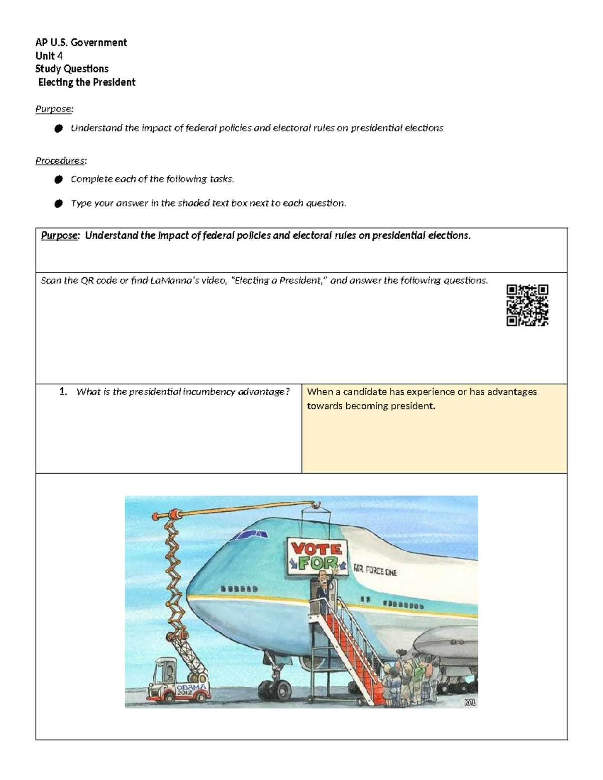 APGov Study Questions Electing the President Revised 2023-2024 - AP U ...