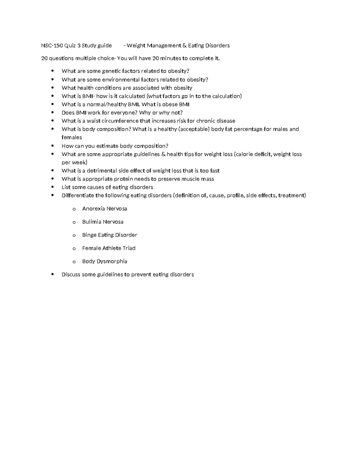 Quiz 3 Study guide- weight management eating disorders (24) - NSC-150 ...