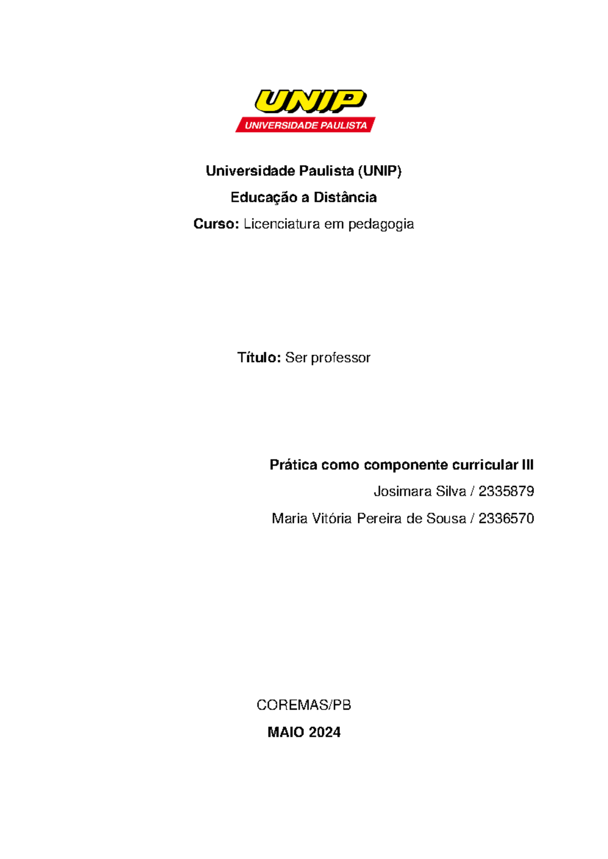 PCC III- SER Professor - Universidade Paulista (UNIP) Educação a ...