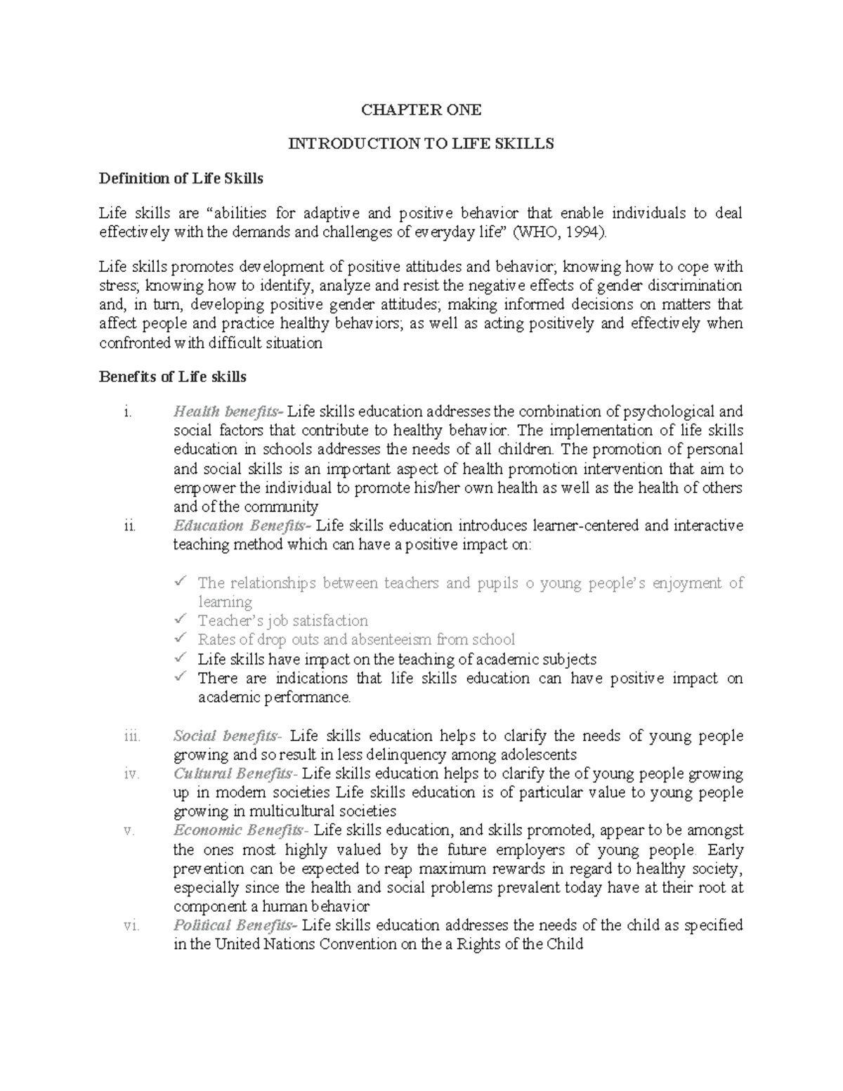 Life Skills KNEC Notes for Diploma 2 - CHAPTER ONE INTRODUCTION TO LIFE ...