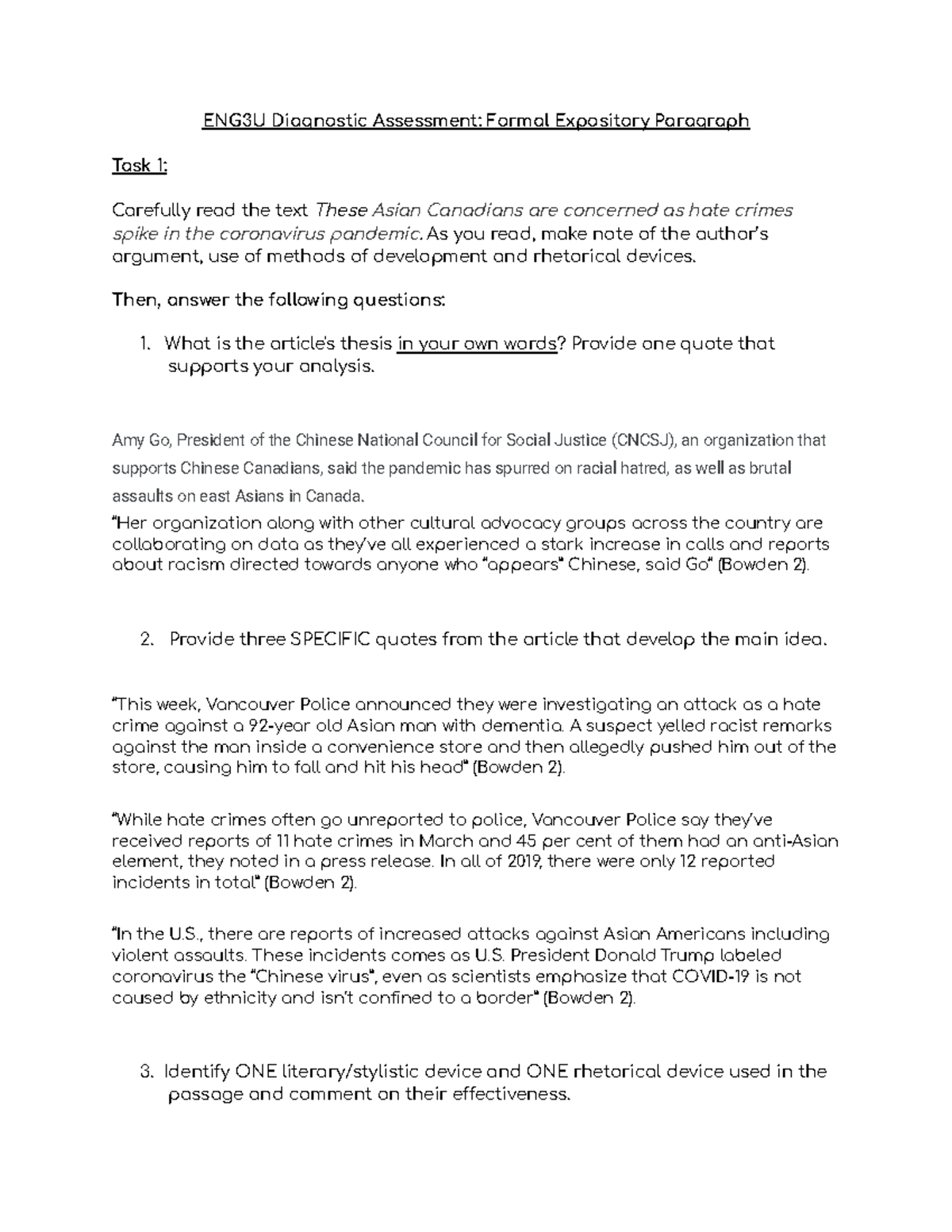 Copy of ENG3U Diagnostic Assessment Formal Expository Paragraph - ENG3U ...