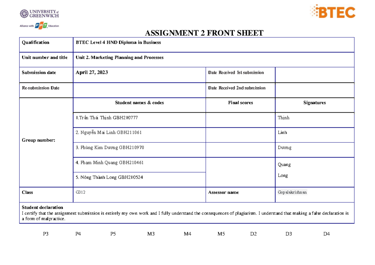 5033 Assignment 2 Frontsheet group 3 resubmit - ASSIGNMENT 2 FRONT SHEET Qualification BTEC ...