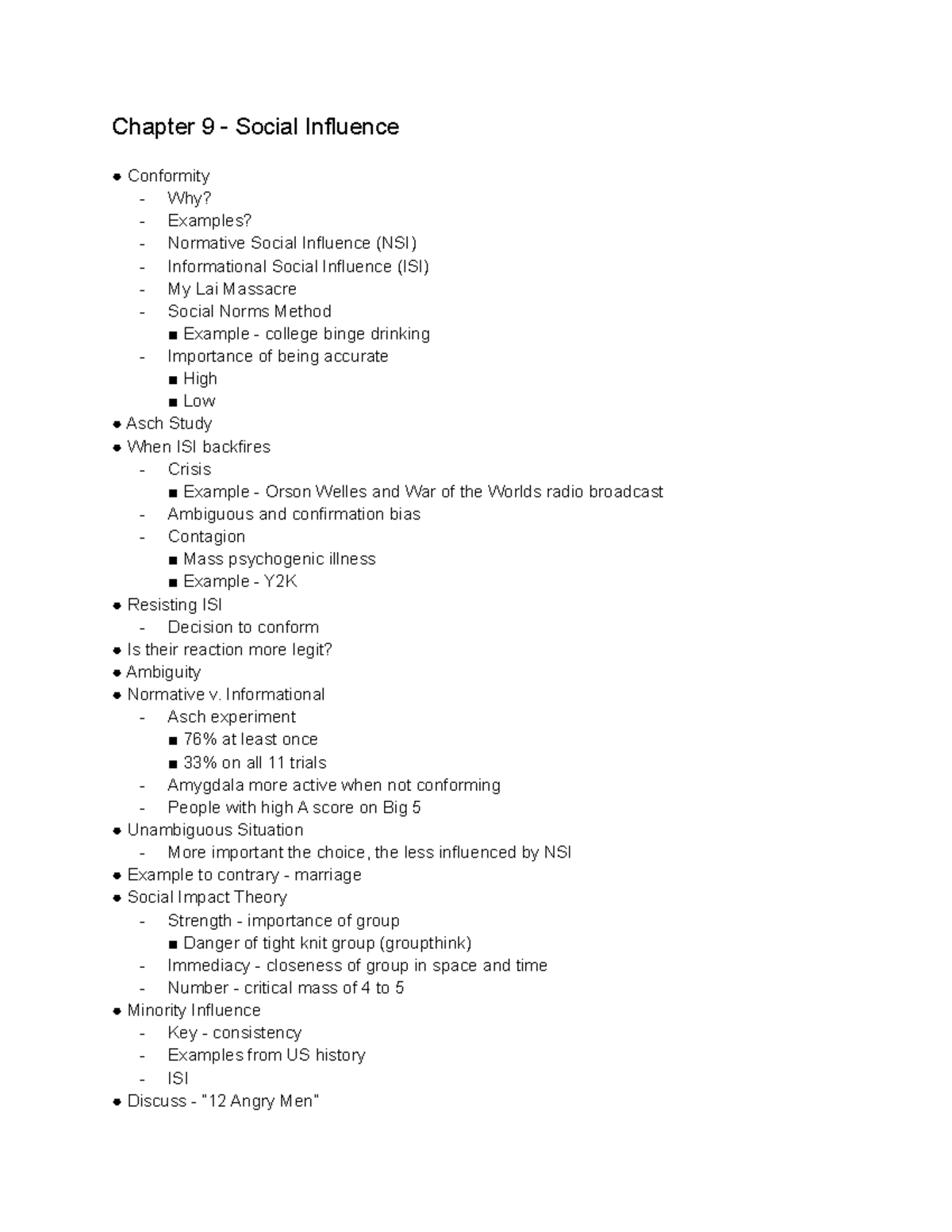 Social Psychology Chapters 9-13 - Chapter 9 - Social Influence ...