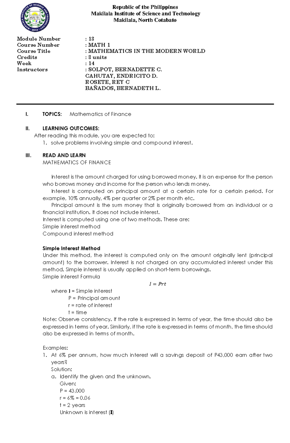 MATH 1 module 14 - Problem Solving - Republic of the Philippines ...