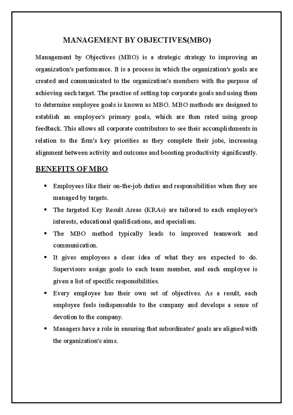 Management by Objectives - MANAGEMENT BY OBJECTIVES(MBO) Management by ...