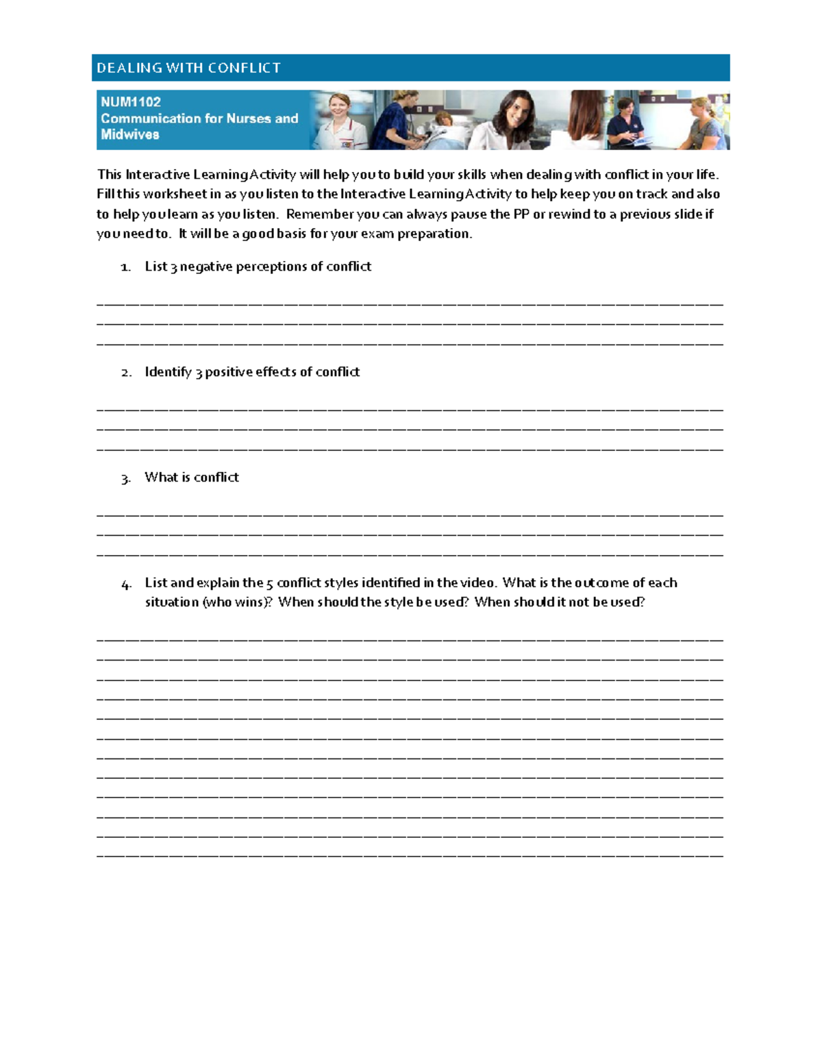 Worksheet- Dealing with conflict - DEALING WITH CONFLICT This ...
