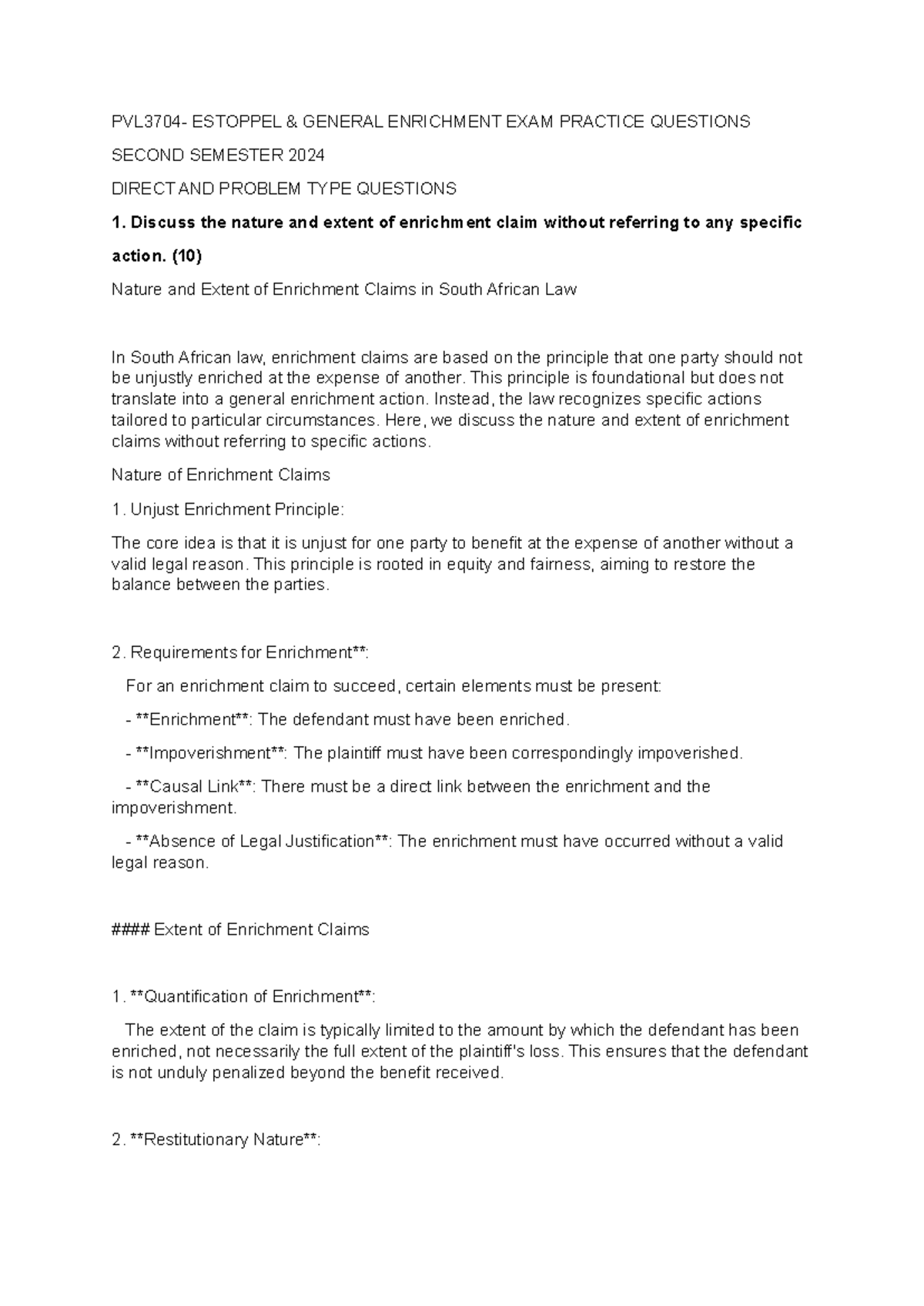 PVL3704 - Question and Answers - PVL3704- ESTOPPEL & GENERAL ENRICHMENT EXAM PRACTICE QUESTIONS ...