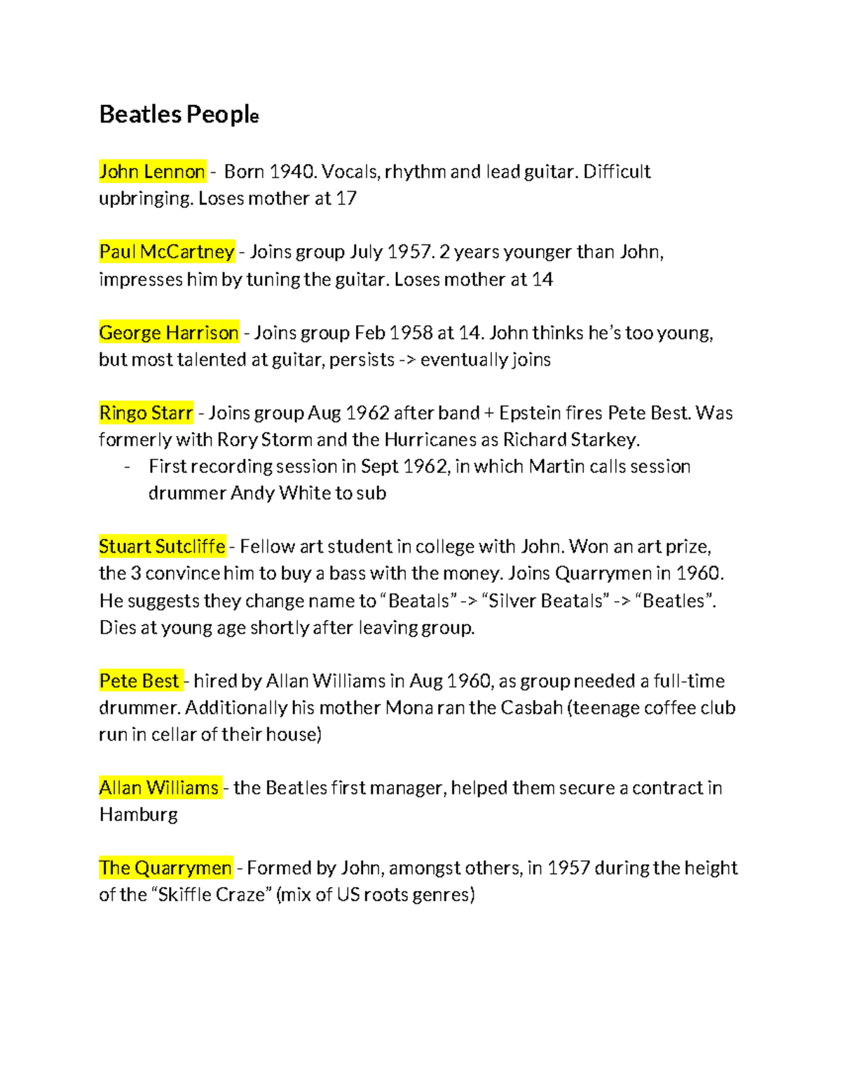 Beatles Midterm Study Guide - Beatles Peopl e John Lennon - Born 1940 ...