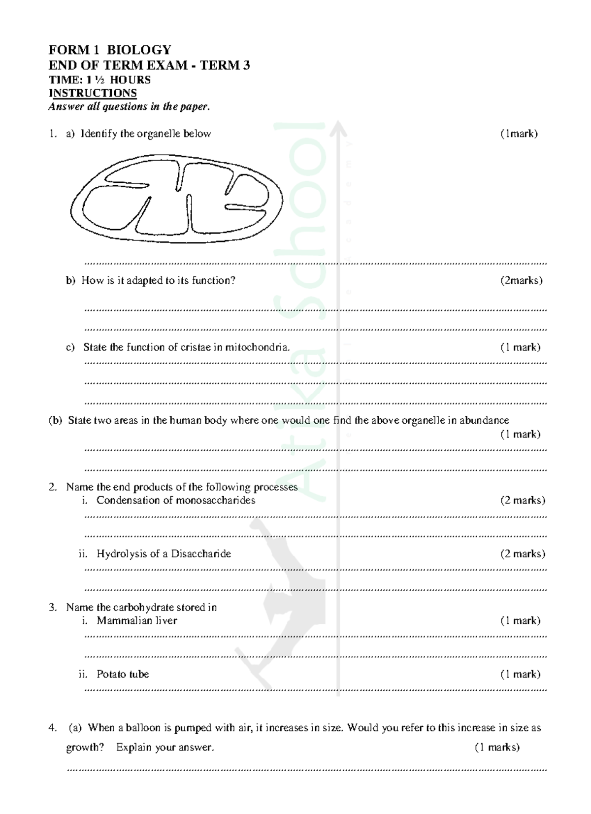 Biology form 1 term 3 final - FORM 1 BIOLOGY END OF TERM EXAM - TERM 3 ...