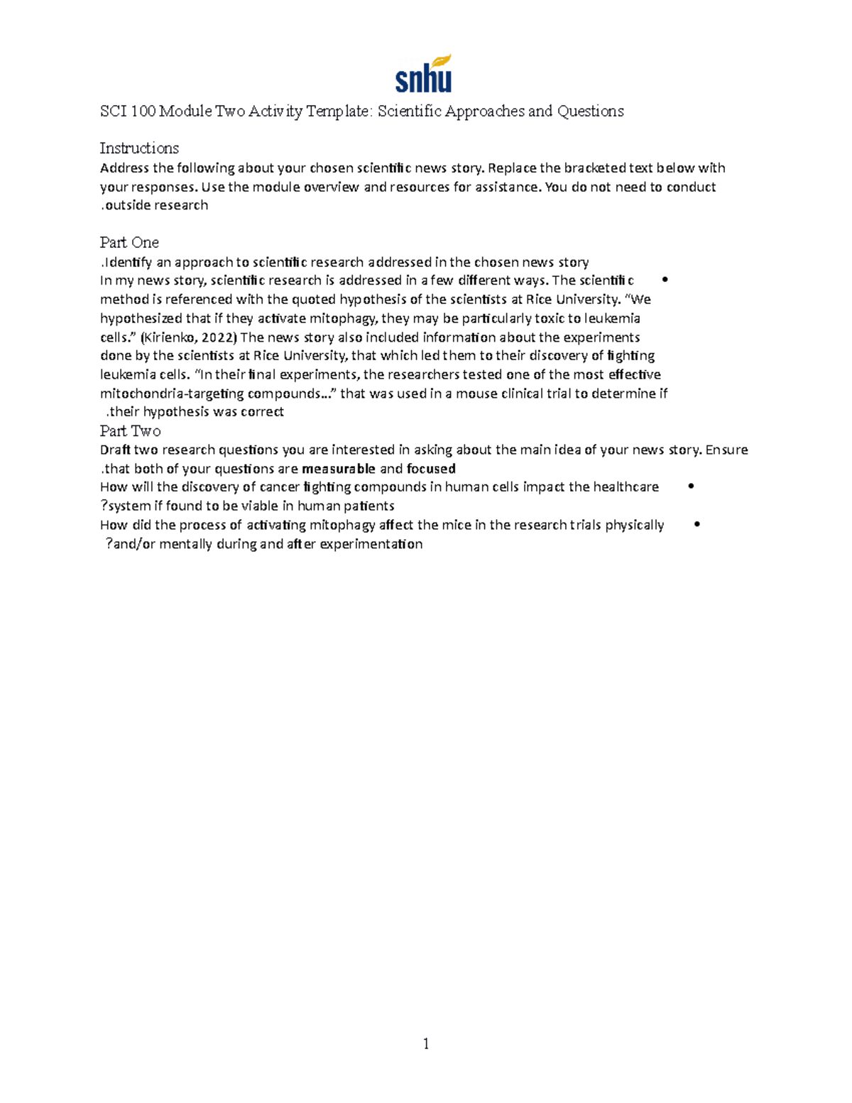 SCI 100 Module Two Activity Template - Replace the bracketed text below with your responses. Use ...